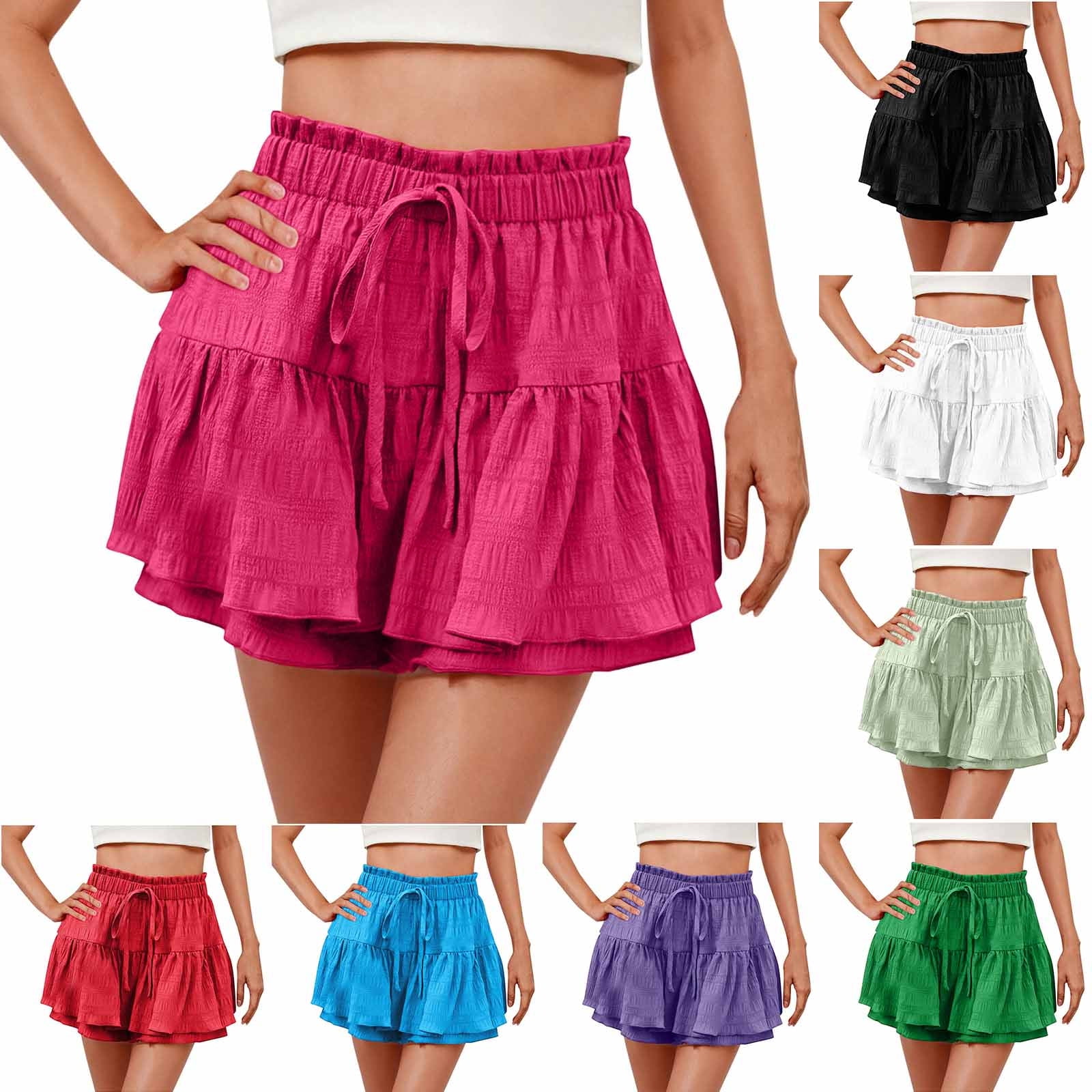 Brnmxoke Flowy Shorts for Women Casual Boho Ruffle Tiered Skorts Solid Color High Waisted ...