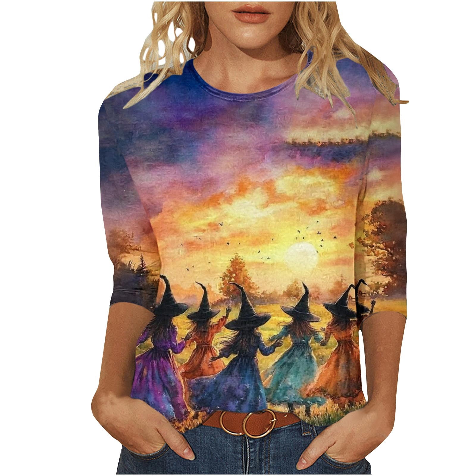 Brnmxoke Halloween Women's Shirt Fall 3/4 Sleeve Round Neck Shirt ...