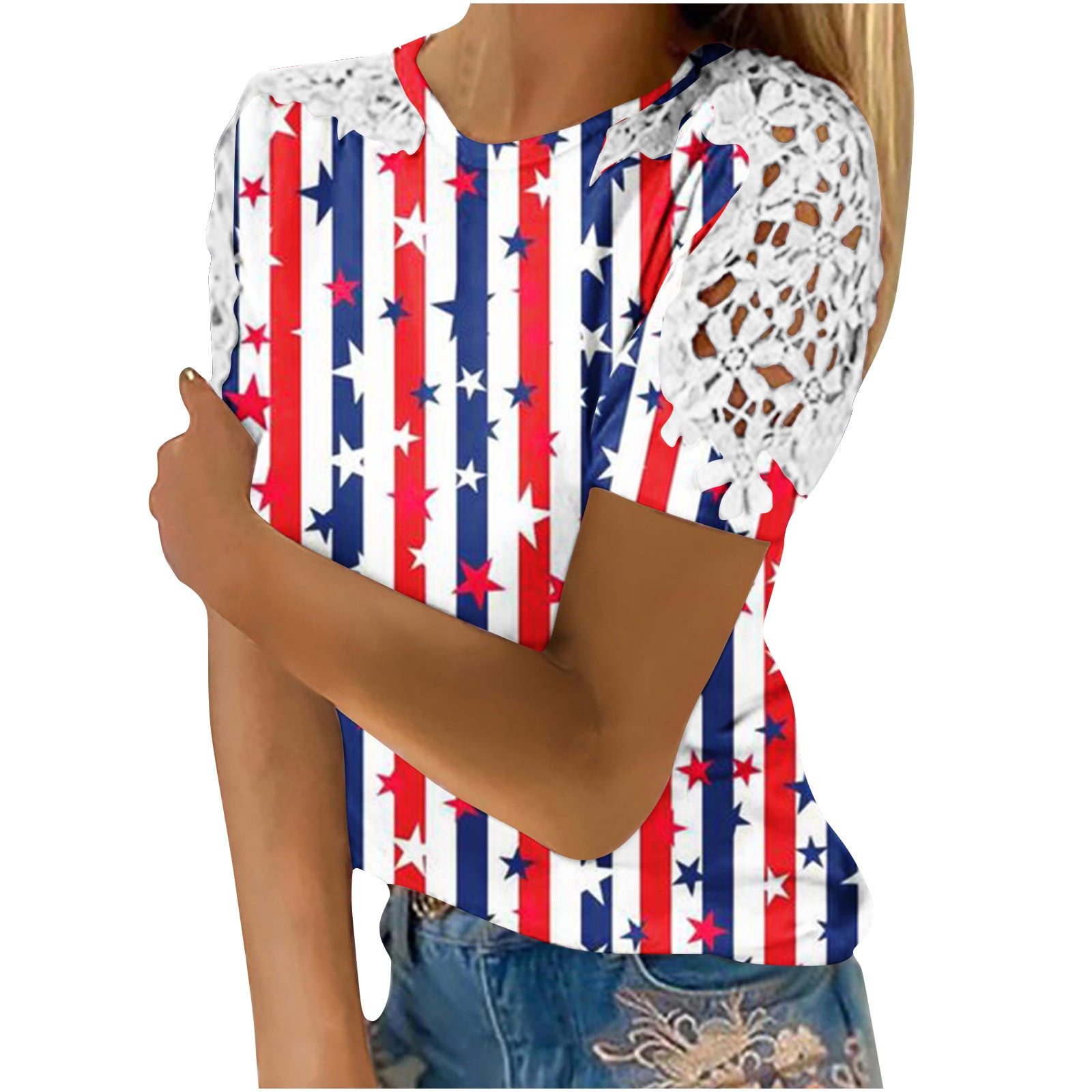 Brnmxoke Holiday T Shirts Women American Flag Tops 4th Of July Lace