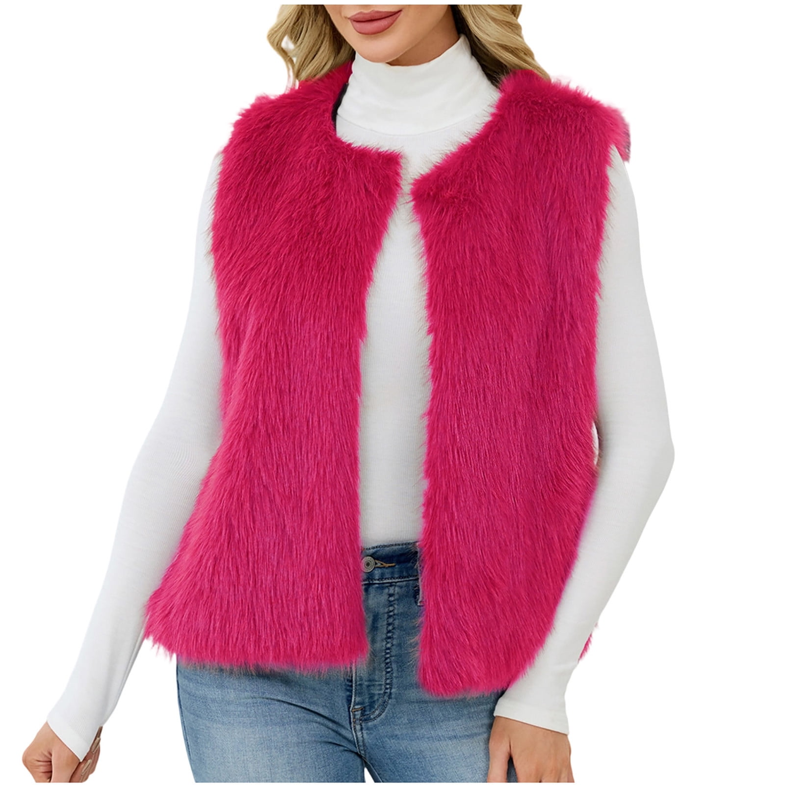Brnmxoke Holiday Vests for Women Faux Fur Open Front Sleeveless Vest ...