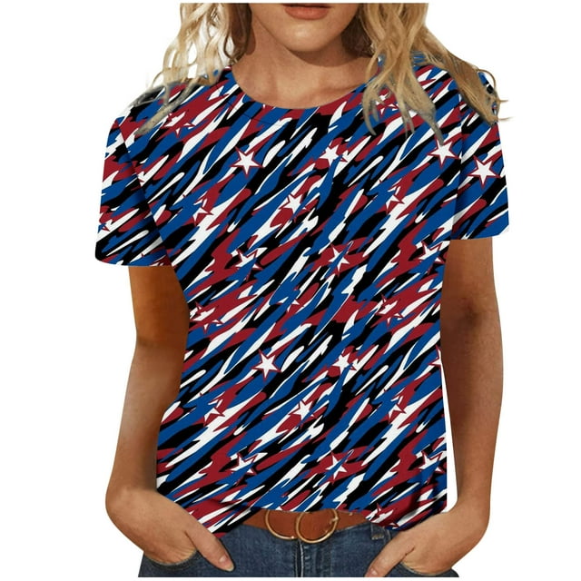 Brnmxoke July 4th Womens Patriotic Shirt Round Neck Memorial Day
