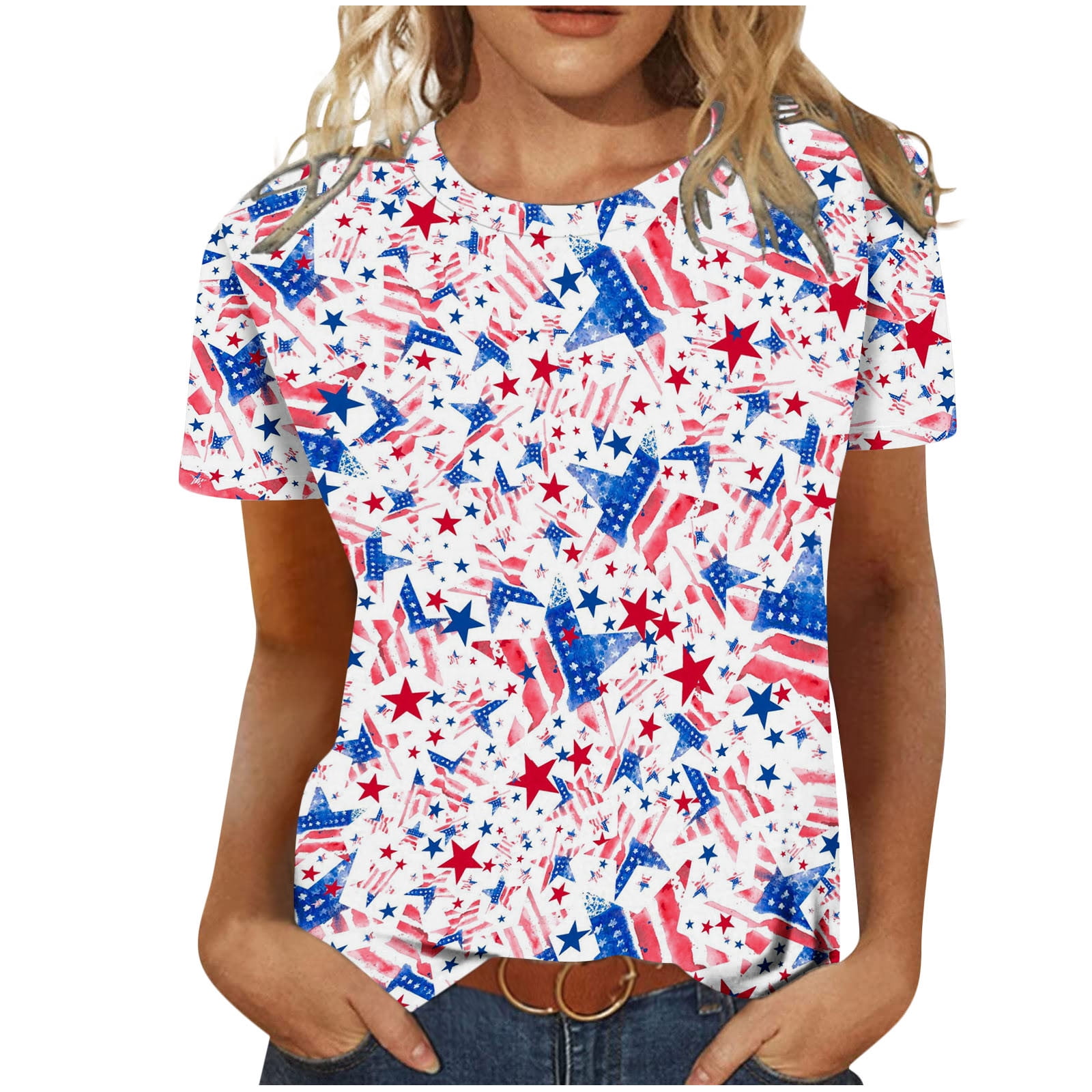 Brnmxoke July 4th Womens USA Star Stripes Patriotic Shirt Fourth July ...