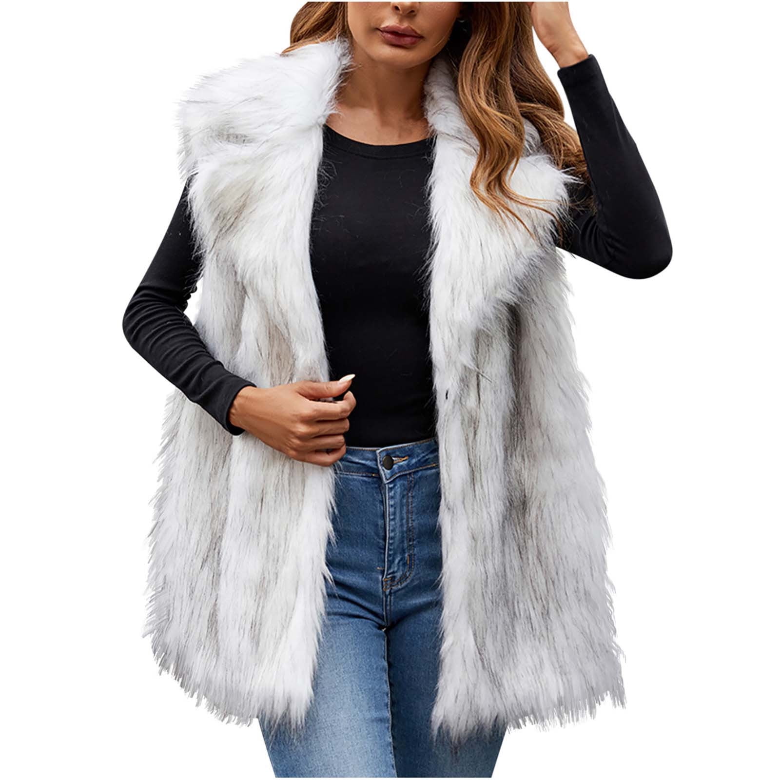 Brnmxoke Ladies Faux Fur Vest Lapel Open Front Fluffy Sleeveless Furry ...