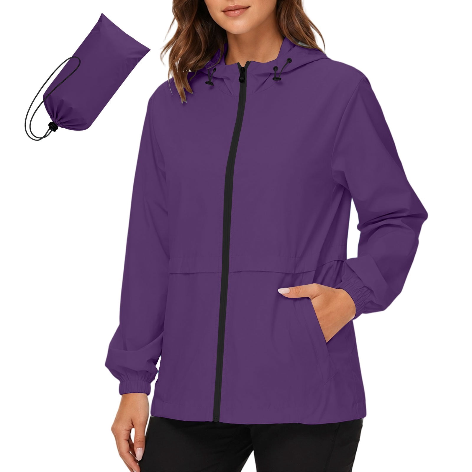 Brnmxoke Ladies Raincoat Summer Casual Lightweight Zip Up Rain Jacket ...