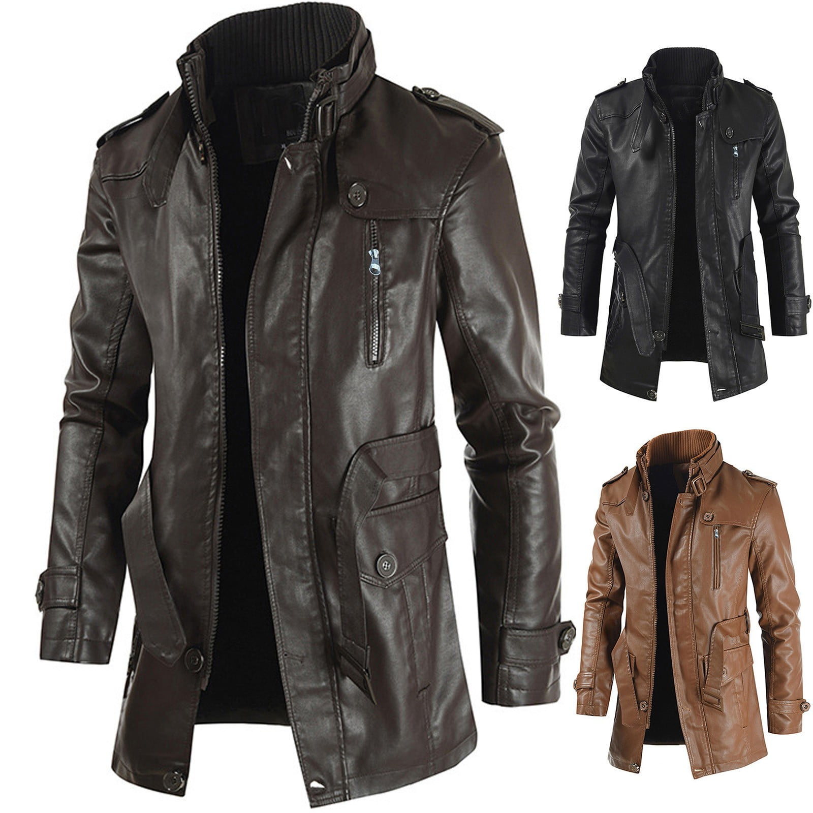 Brnmxoke Leather Trench Coat Men - Mid Length Casual Car Coat Style PU ...