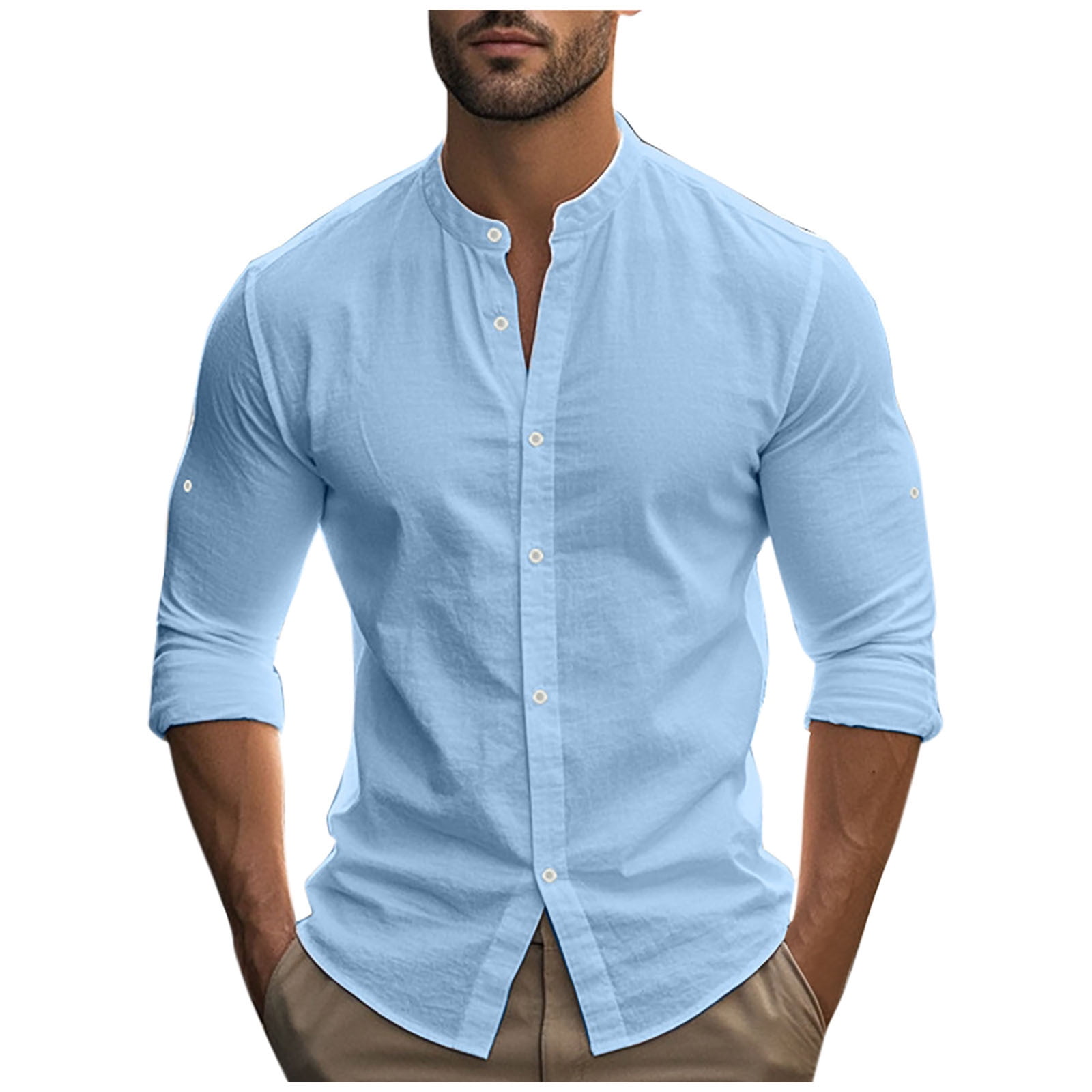 Brnmxoke Linen Long Sleeve Shirts for Men Casual Stand Collar Tees ...