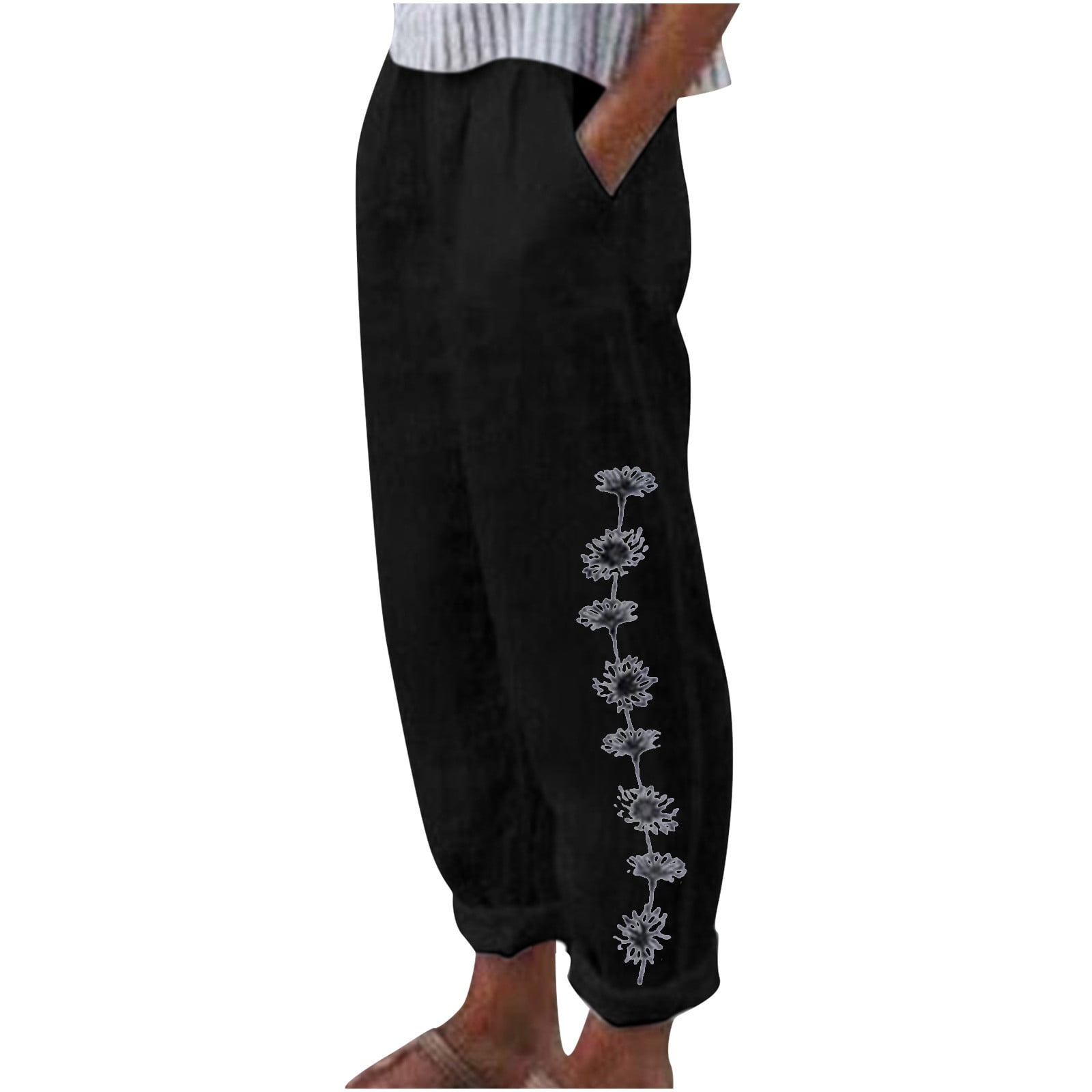 Brnmxoke Linen Pants Women Cropped Side Bottom Trim Elastic Waist ...