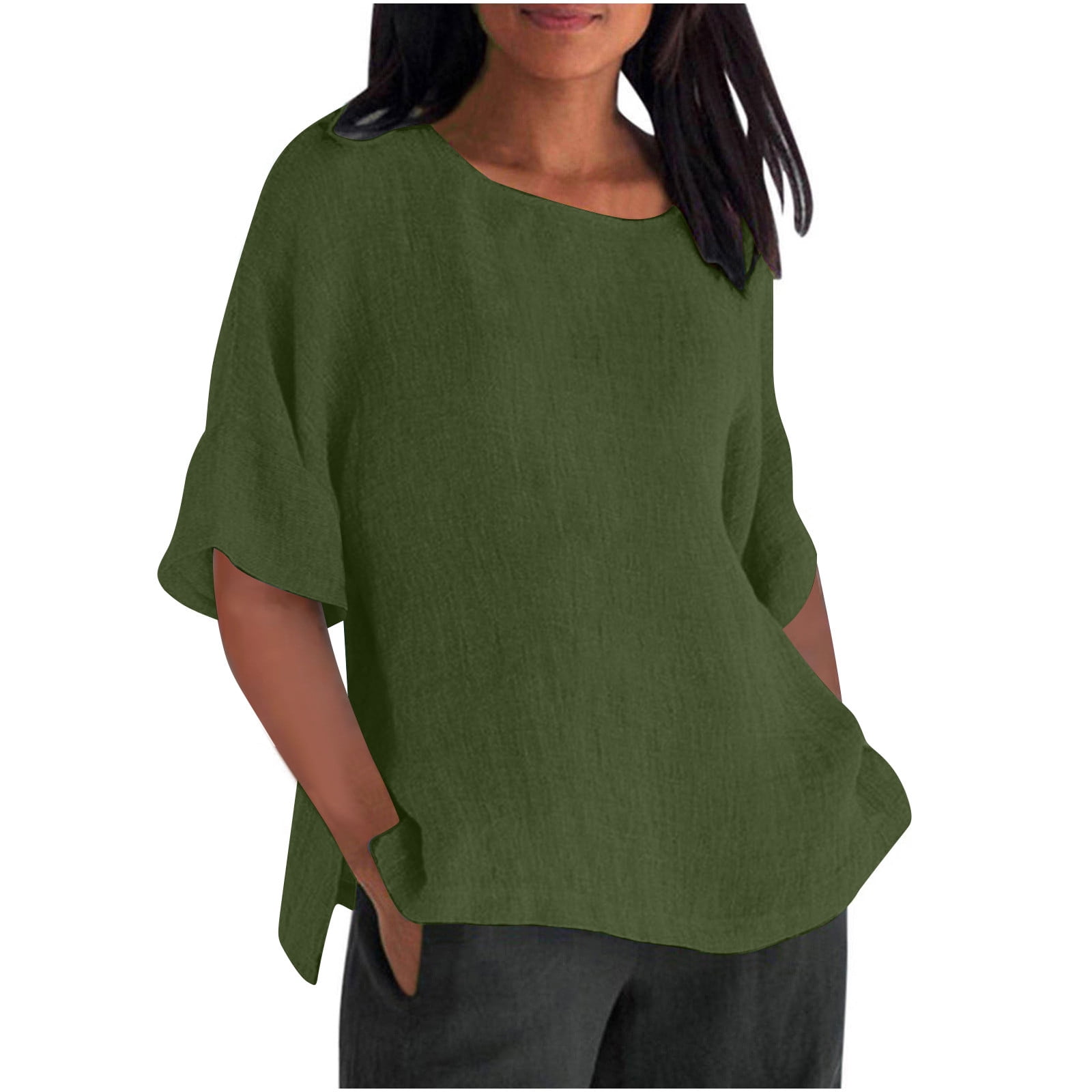 Brnmxoke Linen Shirts for Women 3/4 Sleeve Crewneck Oversized T Shirts ...