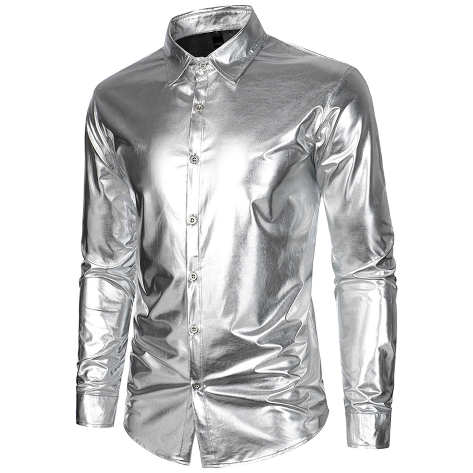 Brnmxoke Men Casual Fashion Shiny Metallic Shirt Long Sleeves Turn-down ...