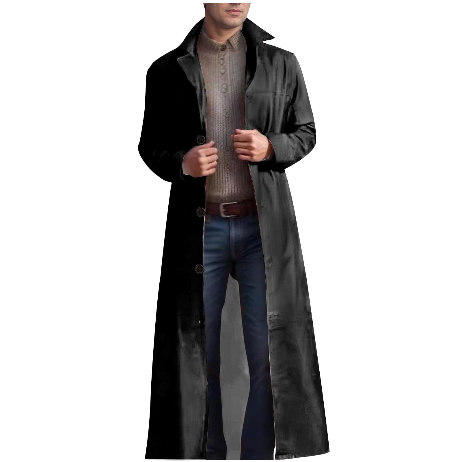 Brnmxoke Men Long Trench Retro Leather Long Steampunk Overcoat Solid ...