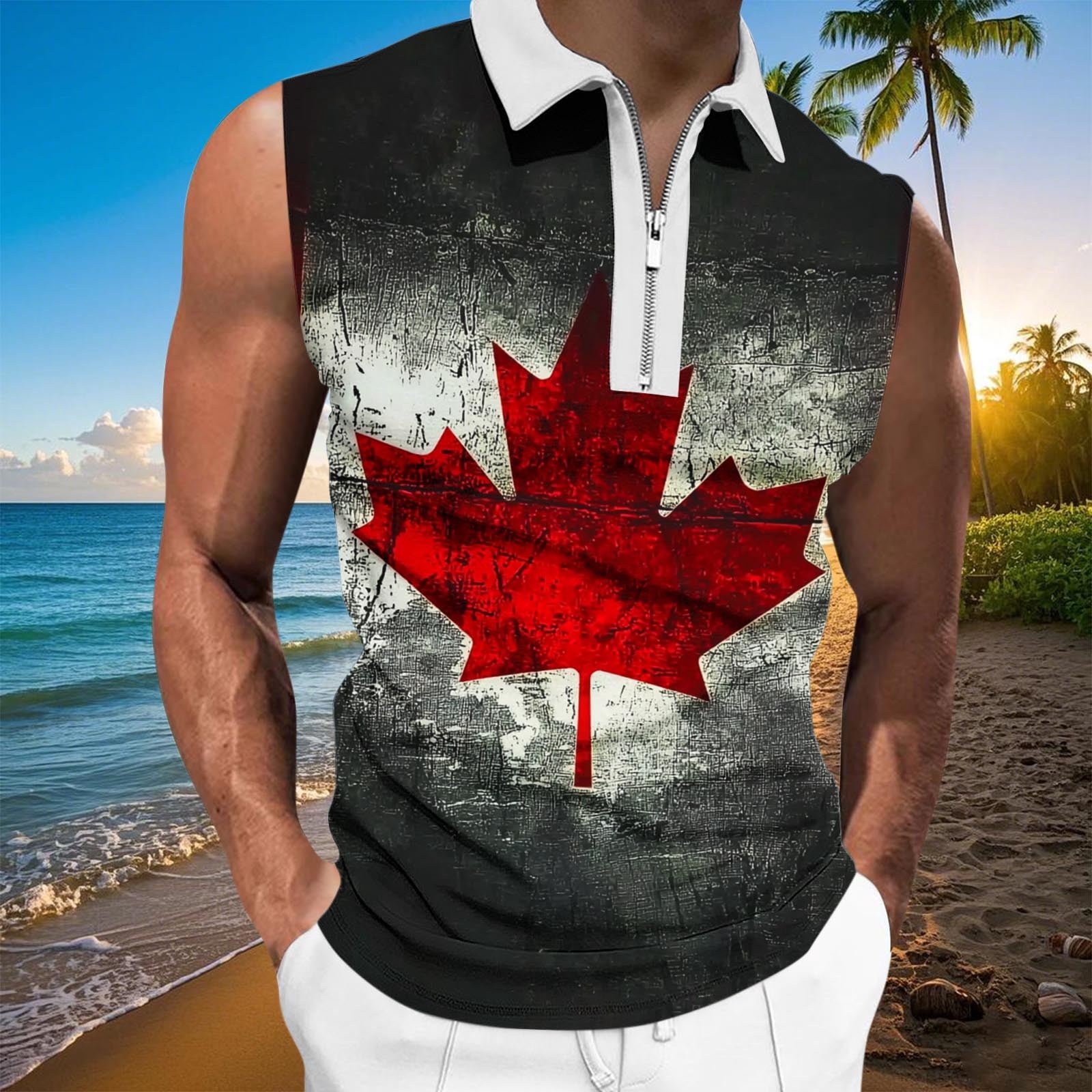 Brnmxoke Men's 1/4 Zip Workout Tank Tops Canada Day Flag Sleeveless T ...