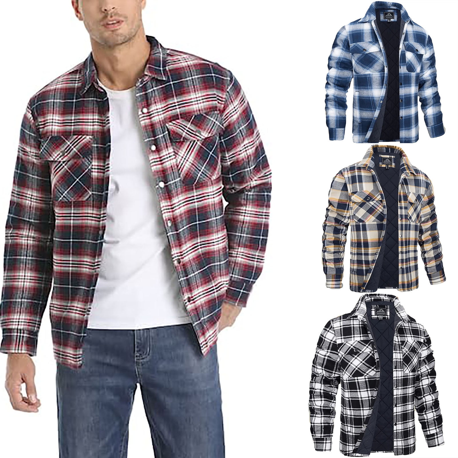 Brnmxoke Men's Long Sleeve Plaid Button Quilted Lined Flannel Shirt ...