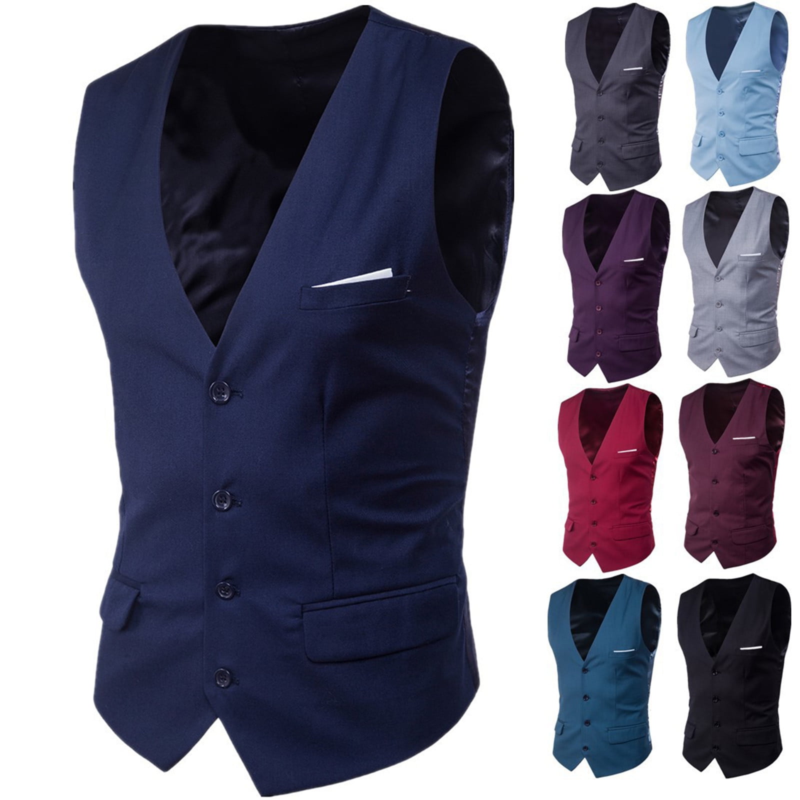 Brnmxoke Mens Suit Vest Casual Business Slim Fit Solid V-Neck Formal ...