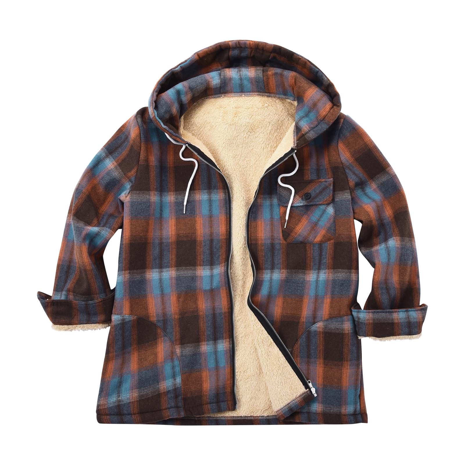 Brnmxoke Mens Warm Hooded Flannel Jacket Full Zip Sherpa Lined Plaid ...