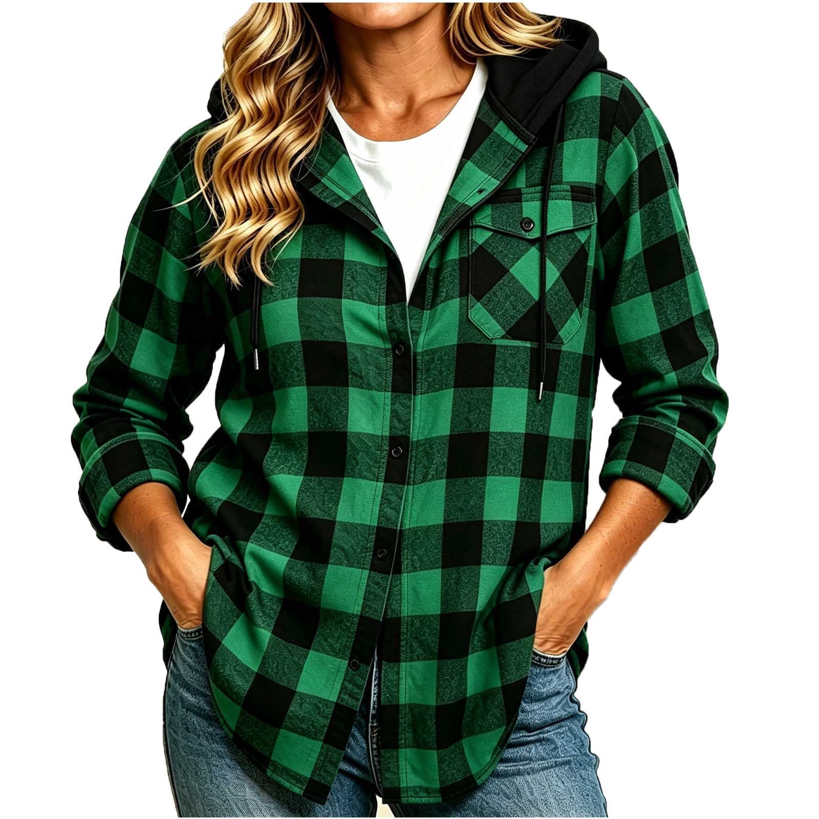Brnmxoke Plaid Womens Top Dressy Casual Flannel Drawstring Hooded ...