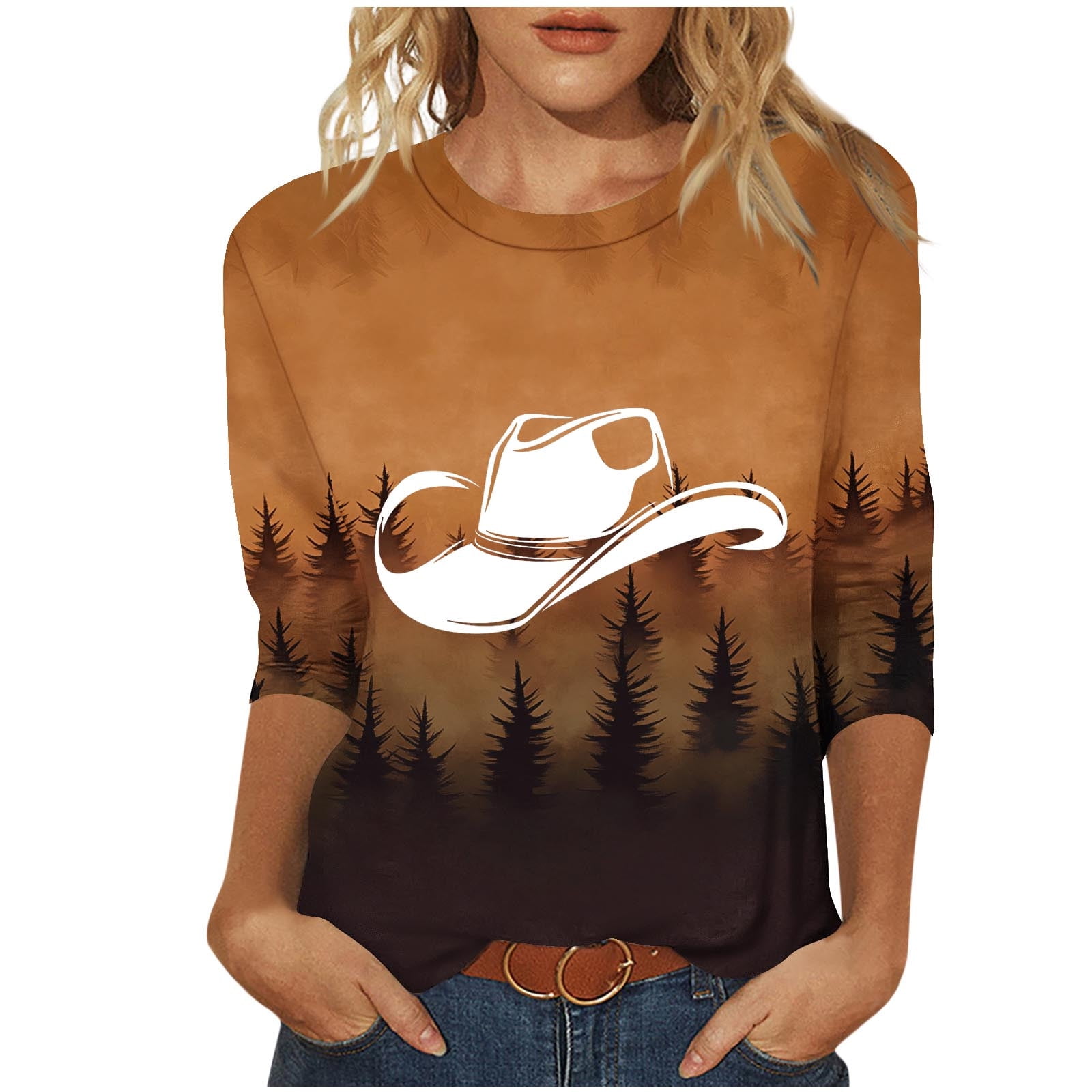 Brnmxoke Plus Size 3/4 Sleeve Tops for Women Summer Western Cowboy Hat ...