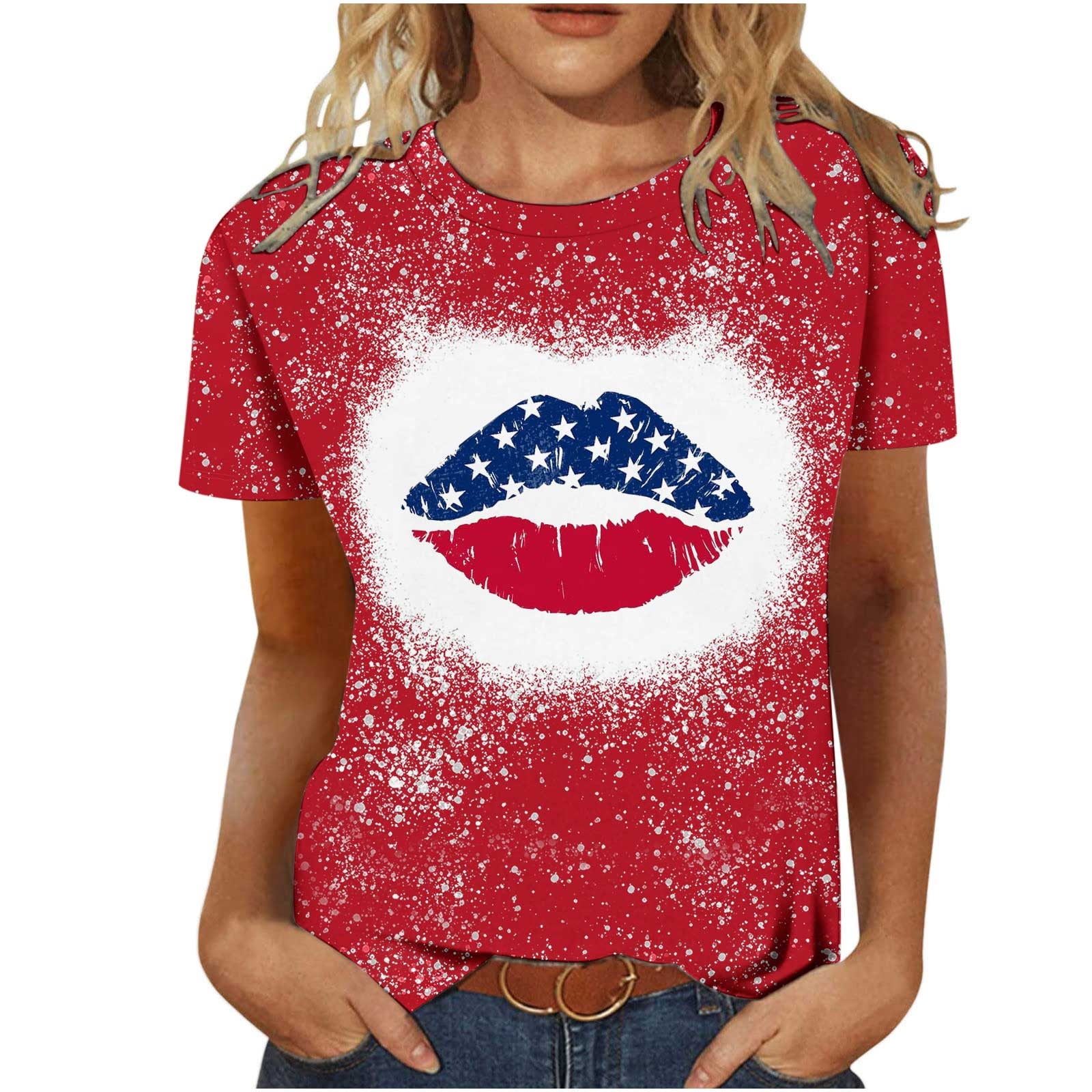Brnmxoke Plus Size American Flag Tops For Women Patriotic Shirt