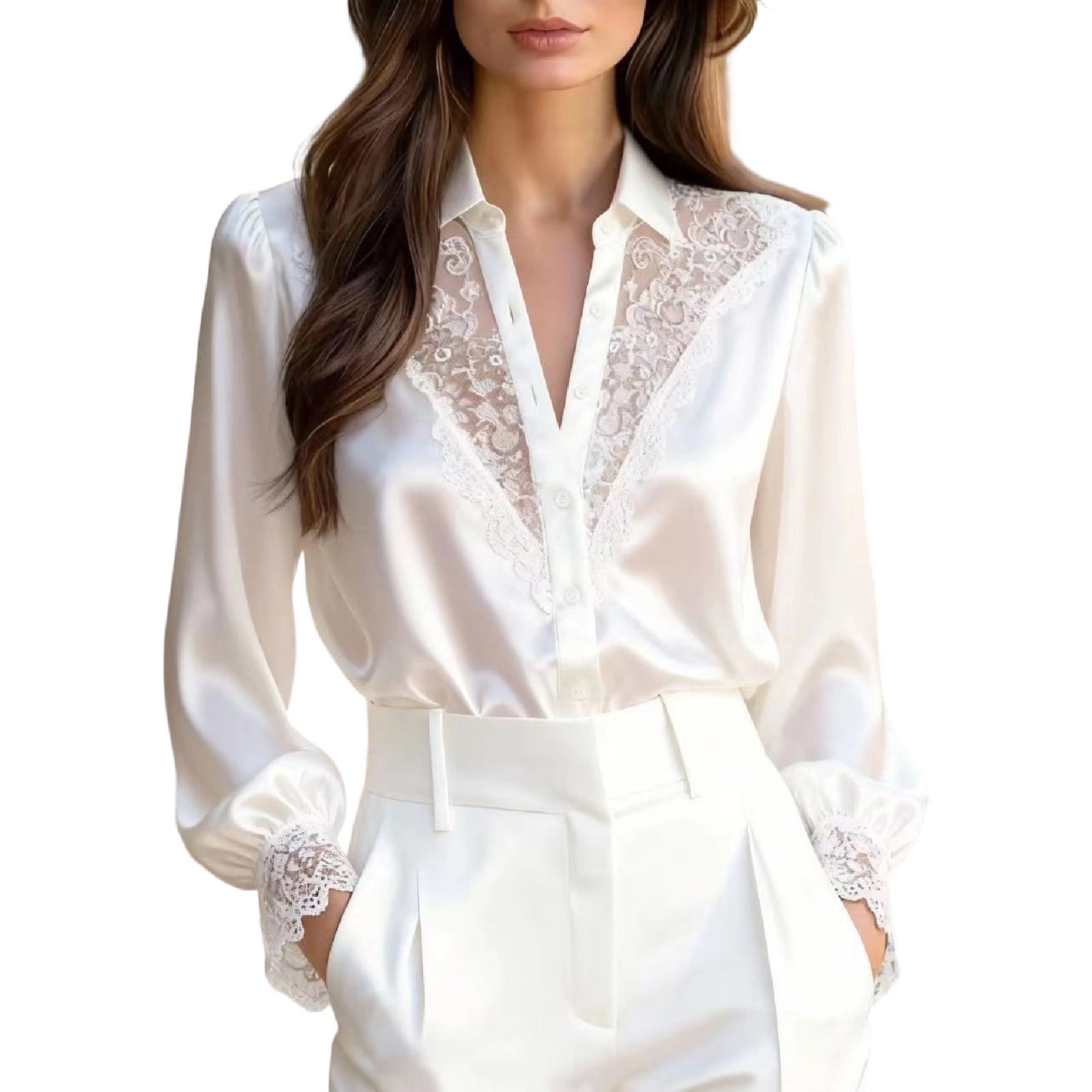 Brnmxoke Satin Top Women Dressy Casual Lapel Collar Lace Puff Long ...