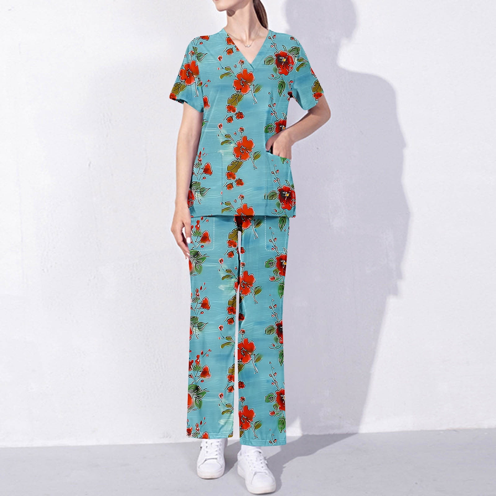 Brnmxoke Scrubs for Women Set Boho Printed V-Neck Pocket Top & Jogger ...