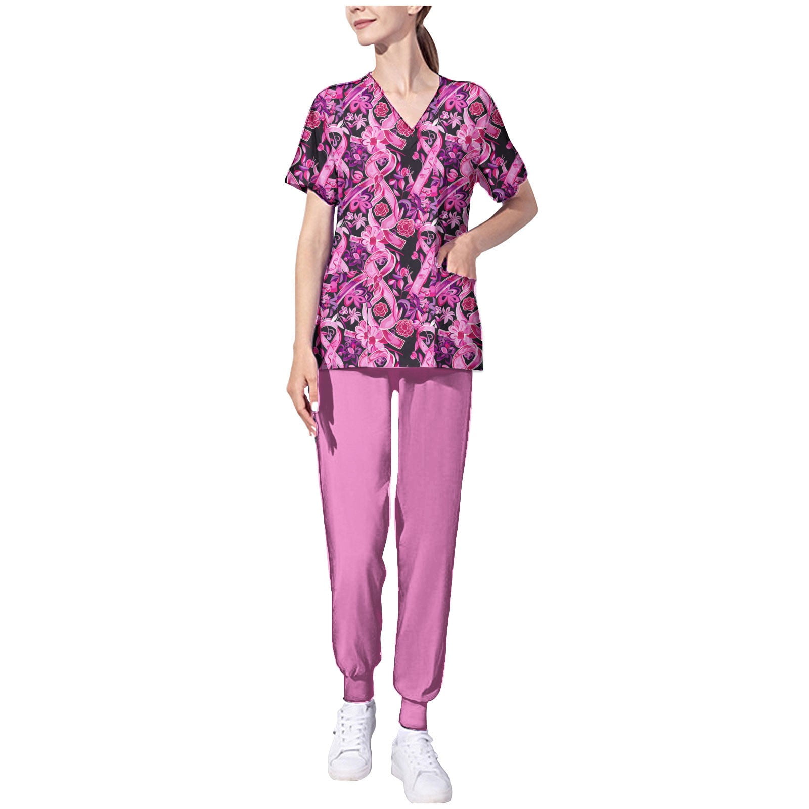 Brnmxoke Scrubs for Women Set Medical Uniform Breast Cancer Printed V ...