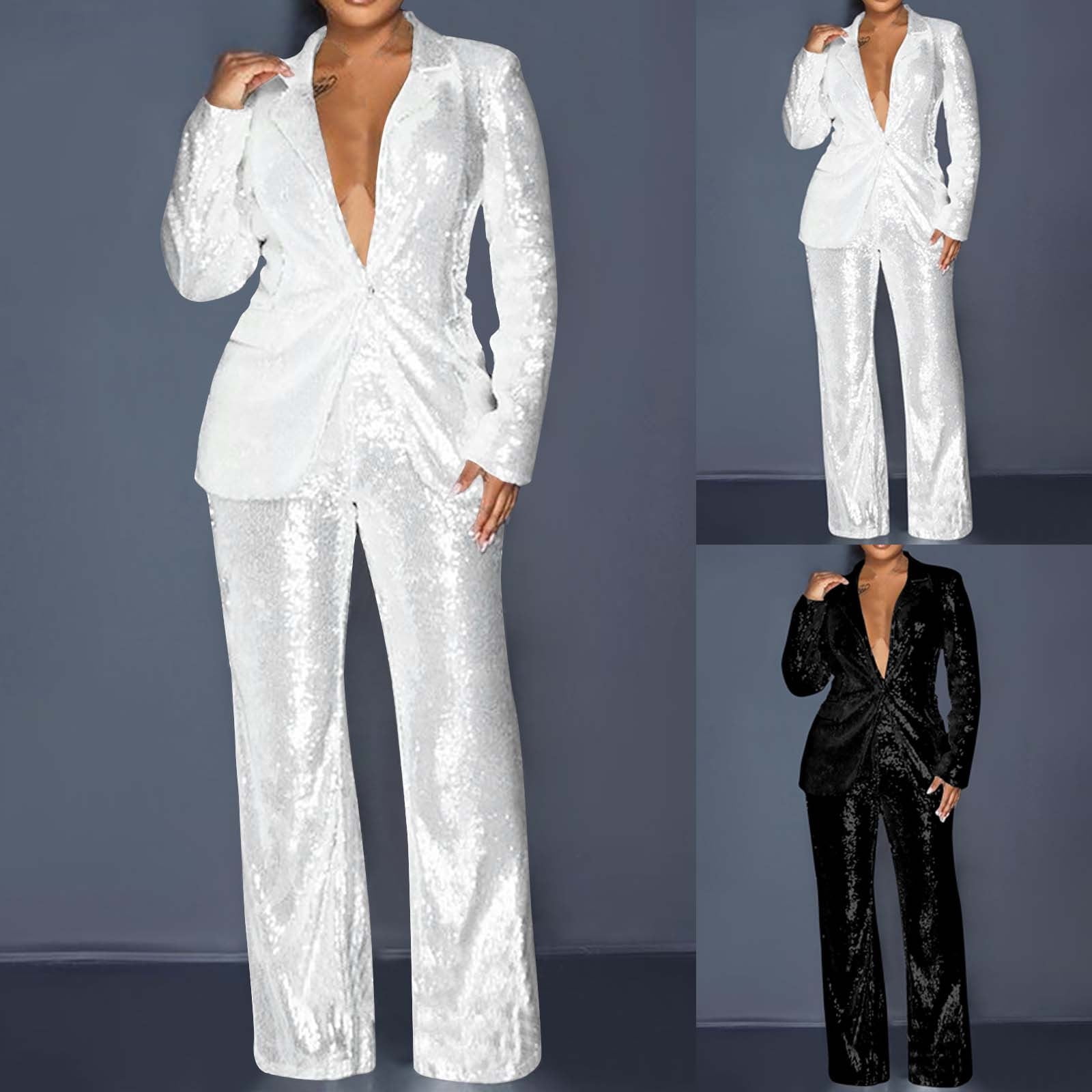 Brnmxoke Sequin Pants Suit for Women Party Night 2 Piece Outfits Blazer ...