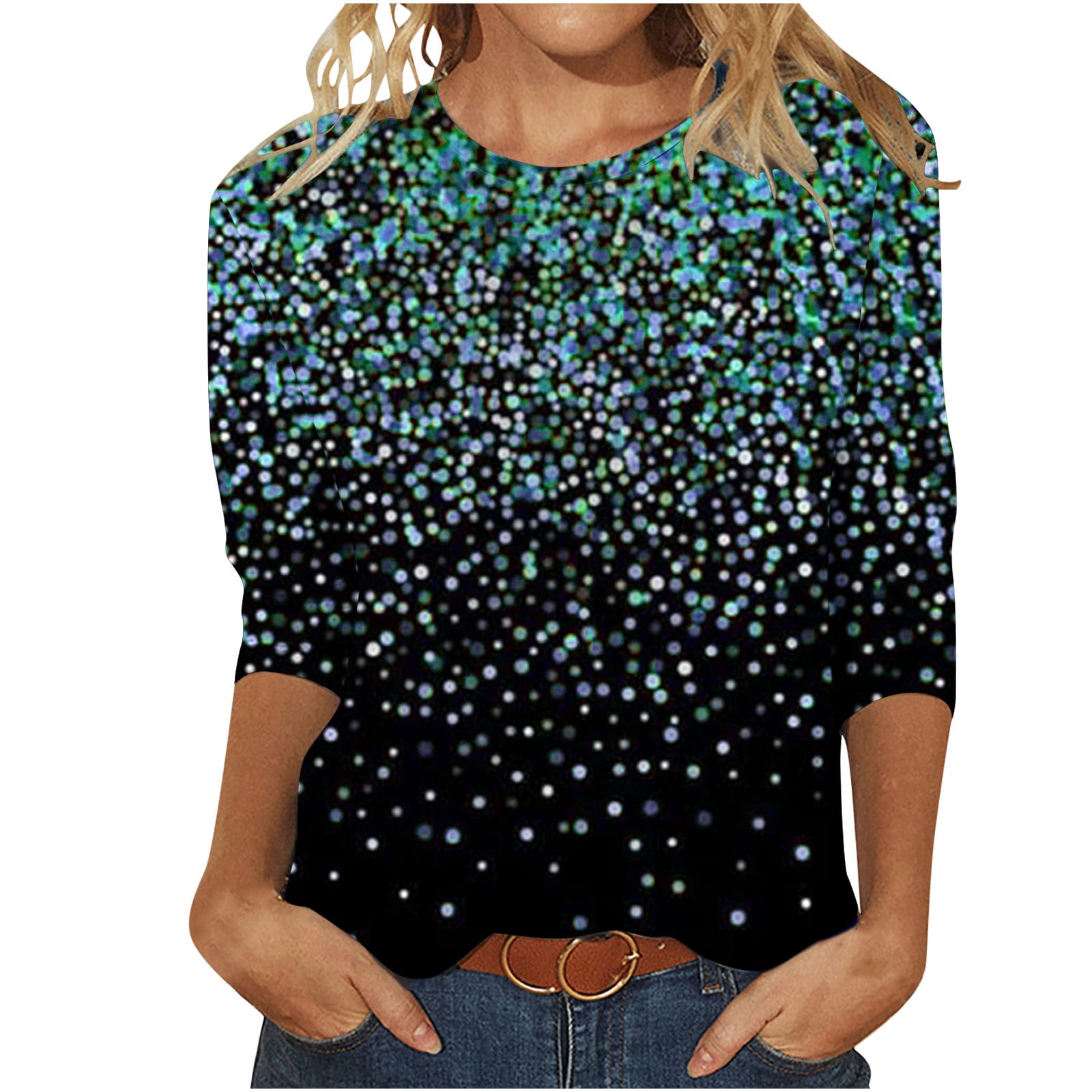Brnmxoke Sequin Tops Women Plus Size Sparkle Print 3/4 Sleeve Dressy ...