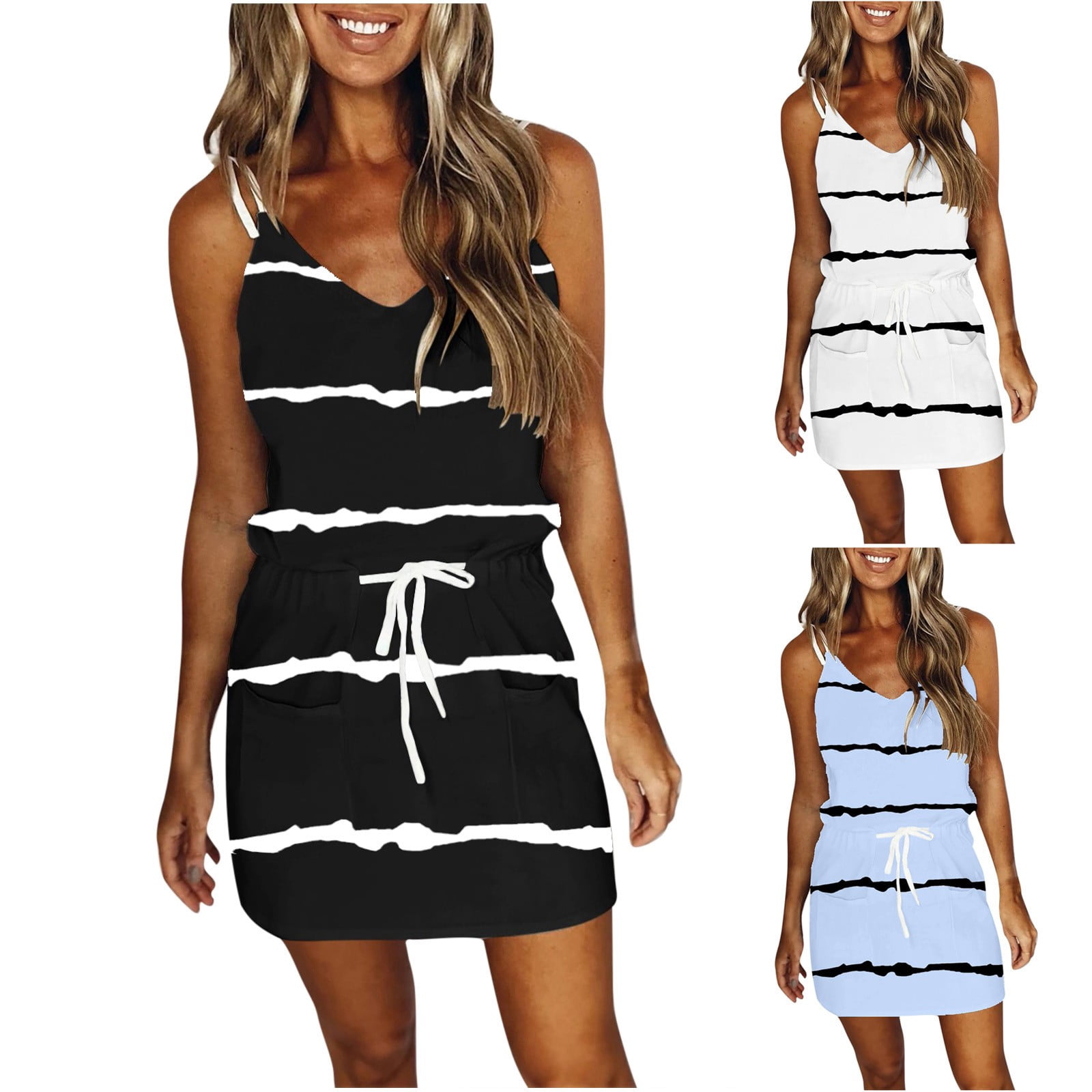 Brnmxoke Striped Print Summer Dresses for Women 2025,Women's Basic ...