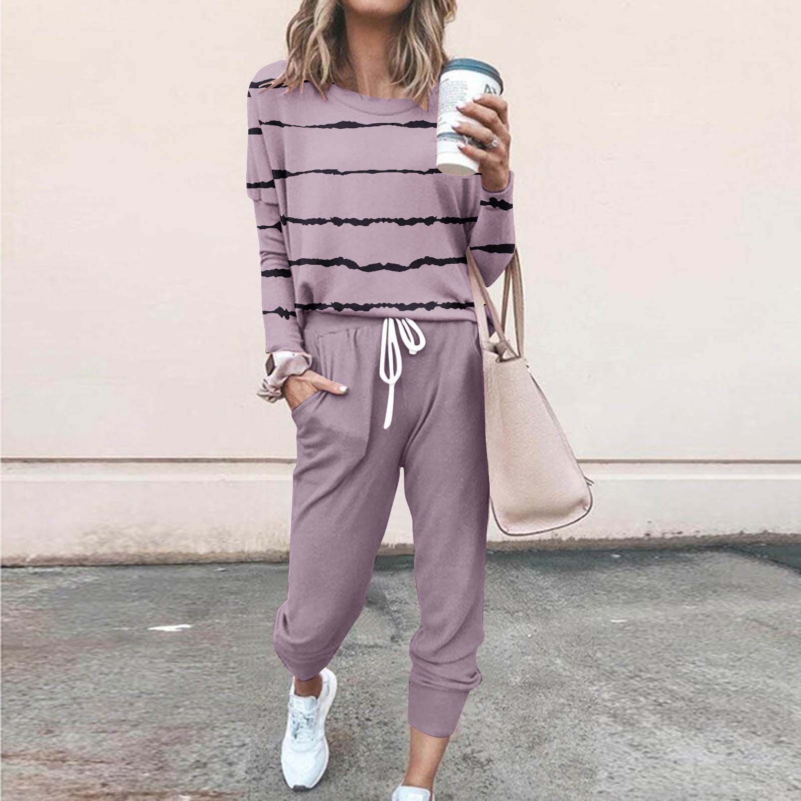 Moxiu Two Piece Outfits for Women Jogging Suits Casual Striped Printed ...