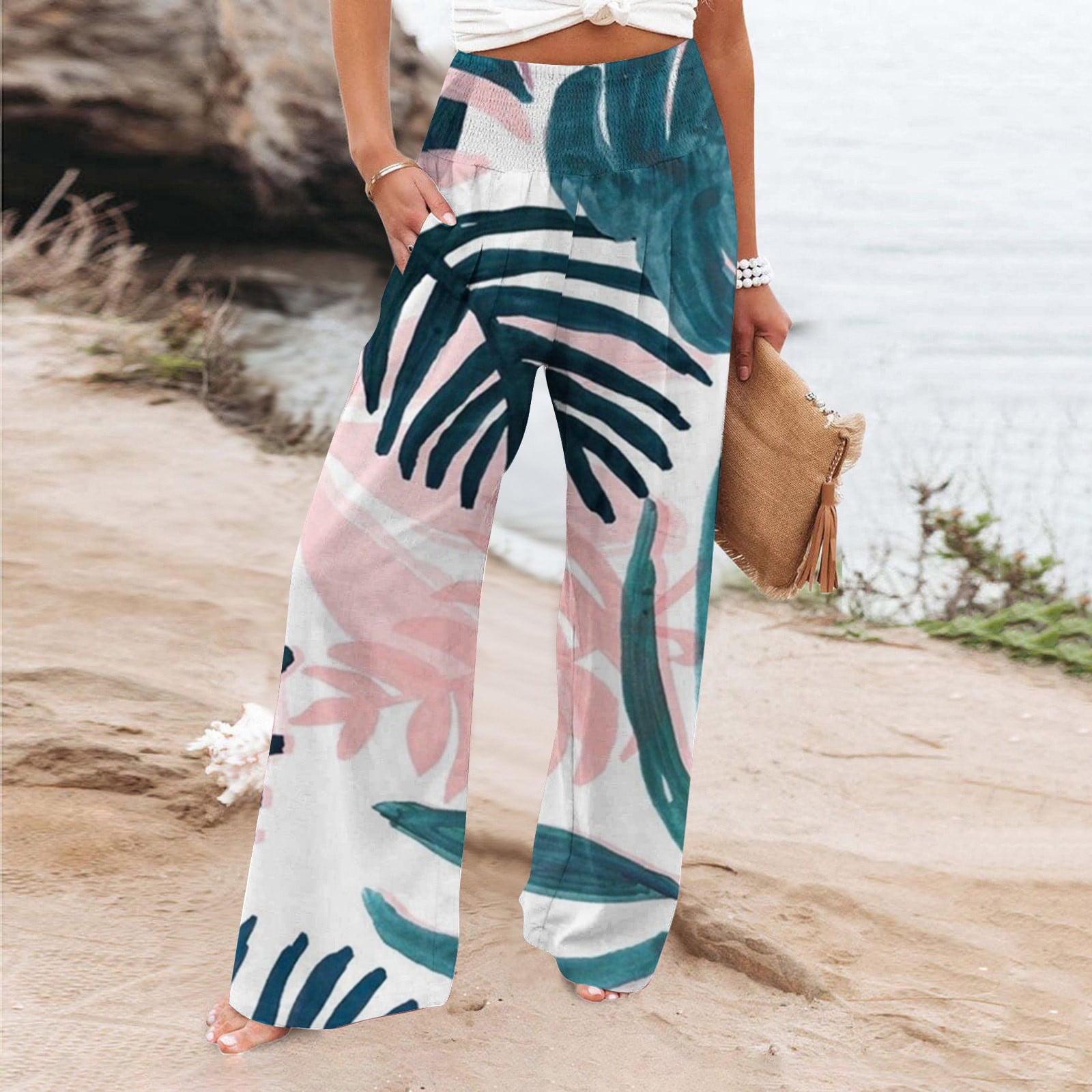 Brnmxoke Wide Leg Pants for Women Cotton Linen High Wasited Baggy Palazzo Pants Printed Casual ...