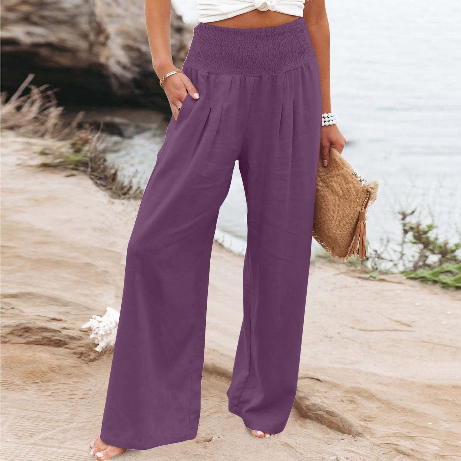 Brnmxoke Wide Leg Pants for Women High Wasited Linen Baggy Palazzo ...