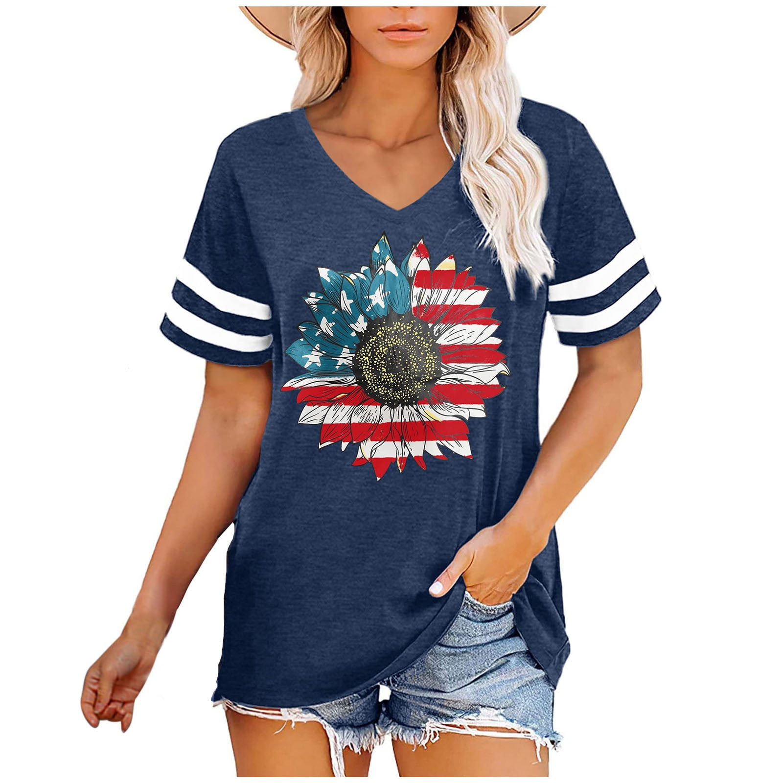 Brnmxoke Women American Flag Shirt Flag Striped Star Graphic 4th Of