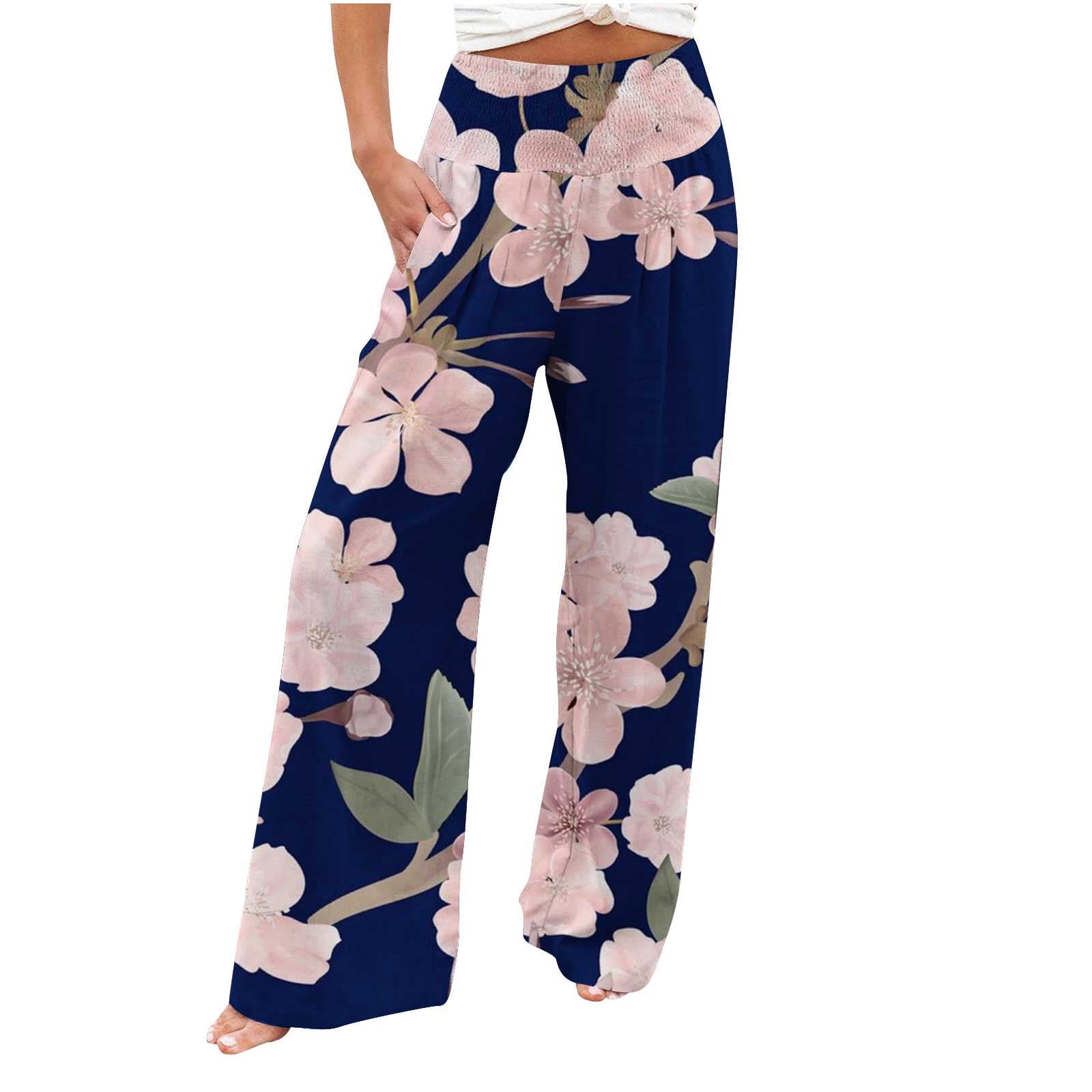 Brnmxoke Women Linen Floral Palazzo Pants High Waist Pant Wide Leg ...