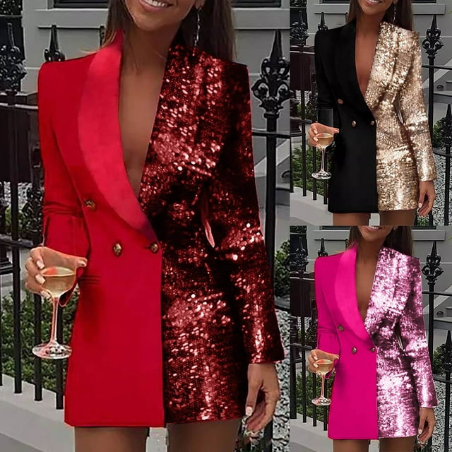 Brnmxoke Women Sequin Jackets Open Front Blazer Jacket Shiny Formal ...