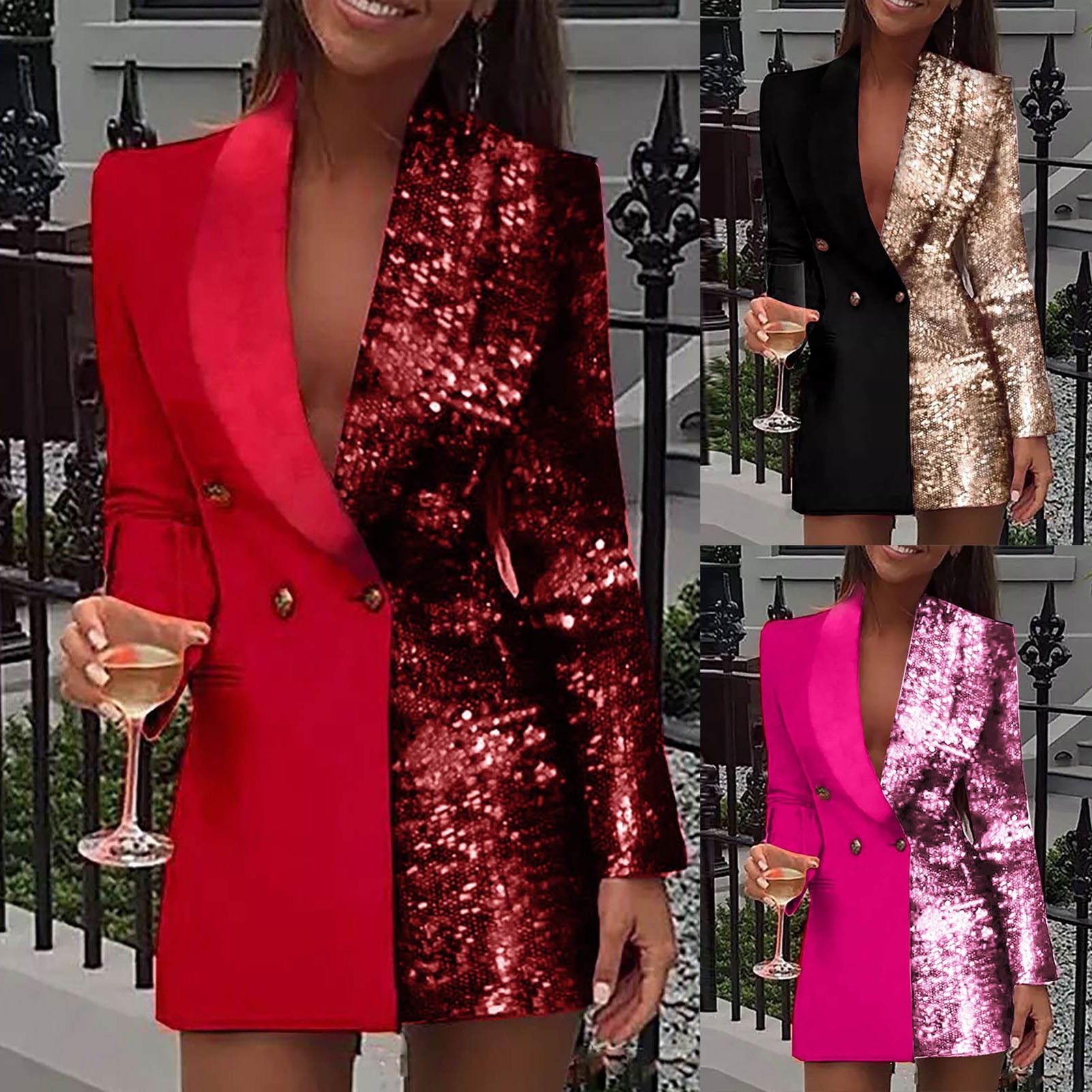 Brnmxoke Women Sequin Jackets Open Front Blazer Jacket Shiny Formal ...
