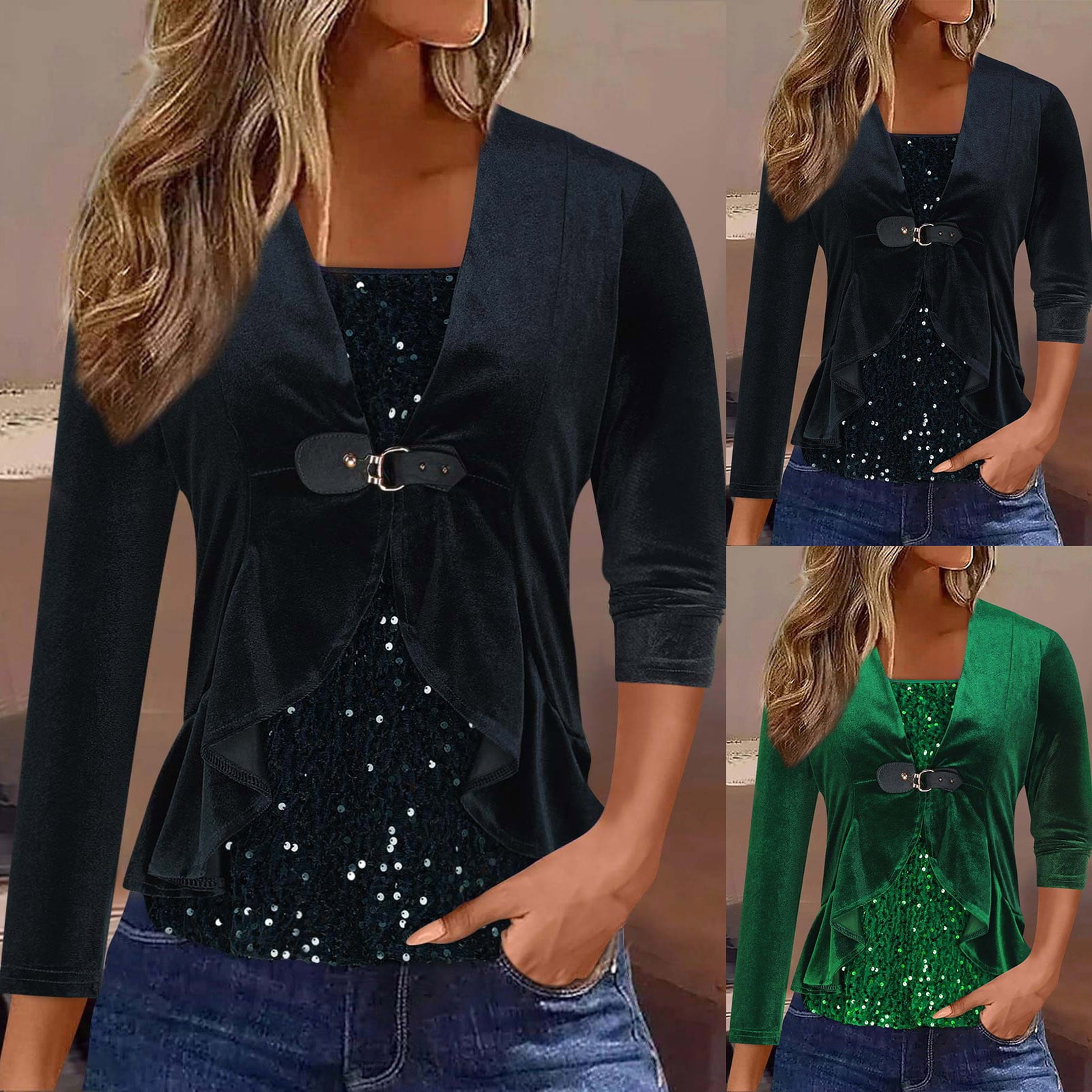 Brnmxoke Women Sequin Splicing Velvet Tops Sparkle Long Sleeve Ruffle ...