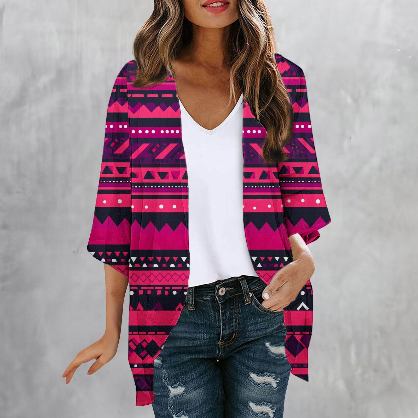 Brnmxoke Women Striped Print Cardigan 3/4 Sleeves Open Front ...