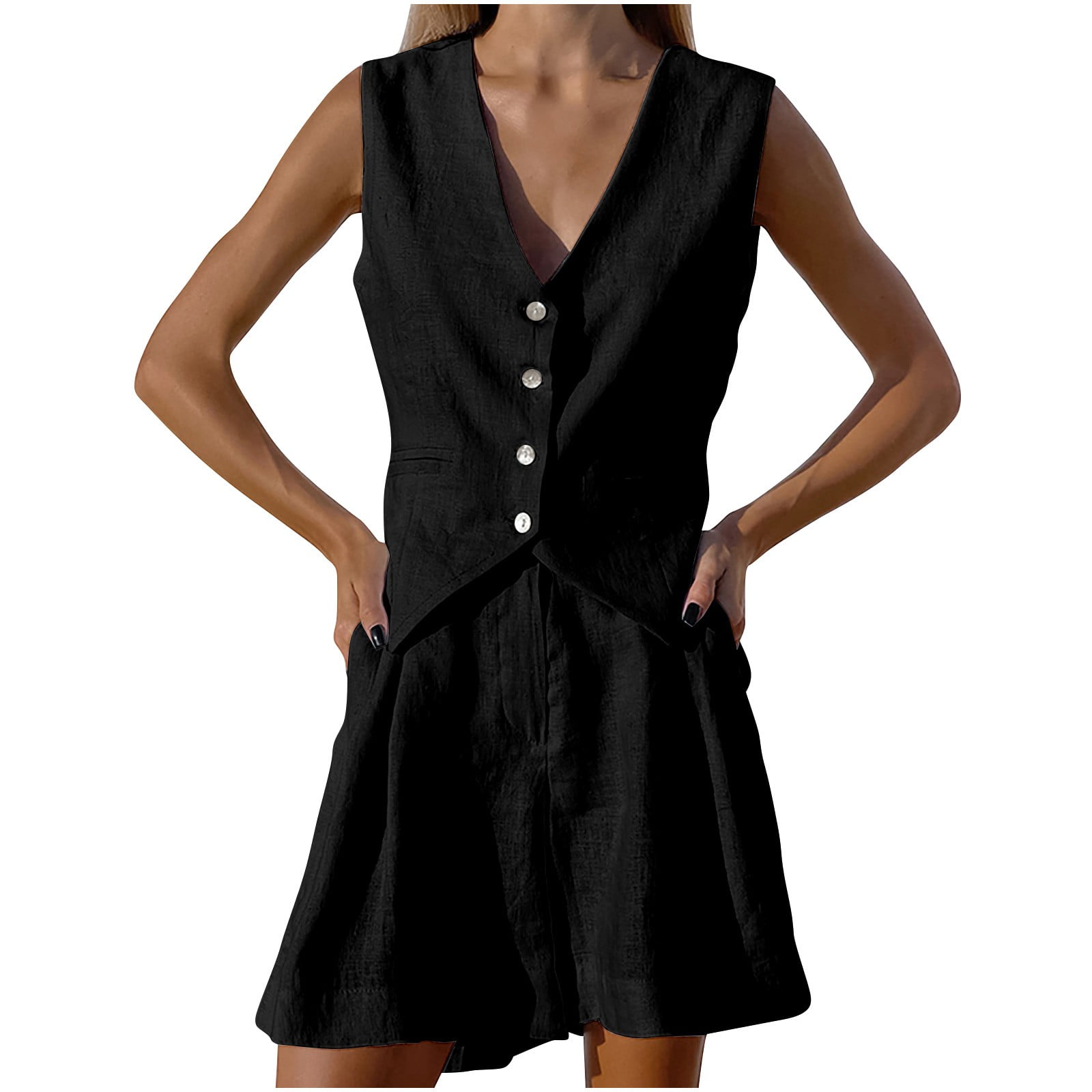 Brnmxoke Women Summer 2 Piece Outfits Linen V Neck Sleeveless Button Down Vest Shorts Sets 2024 ...