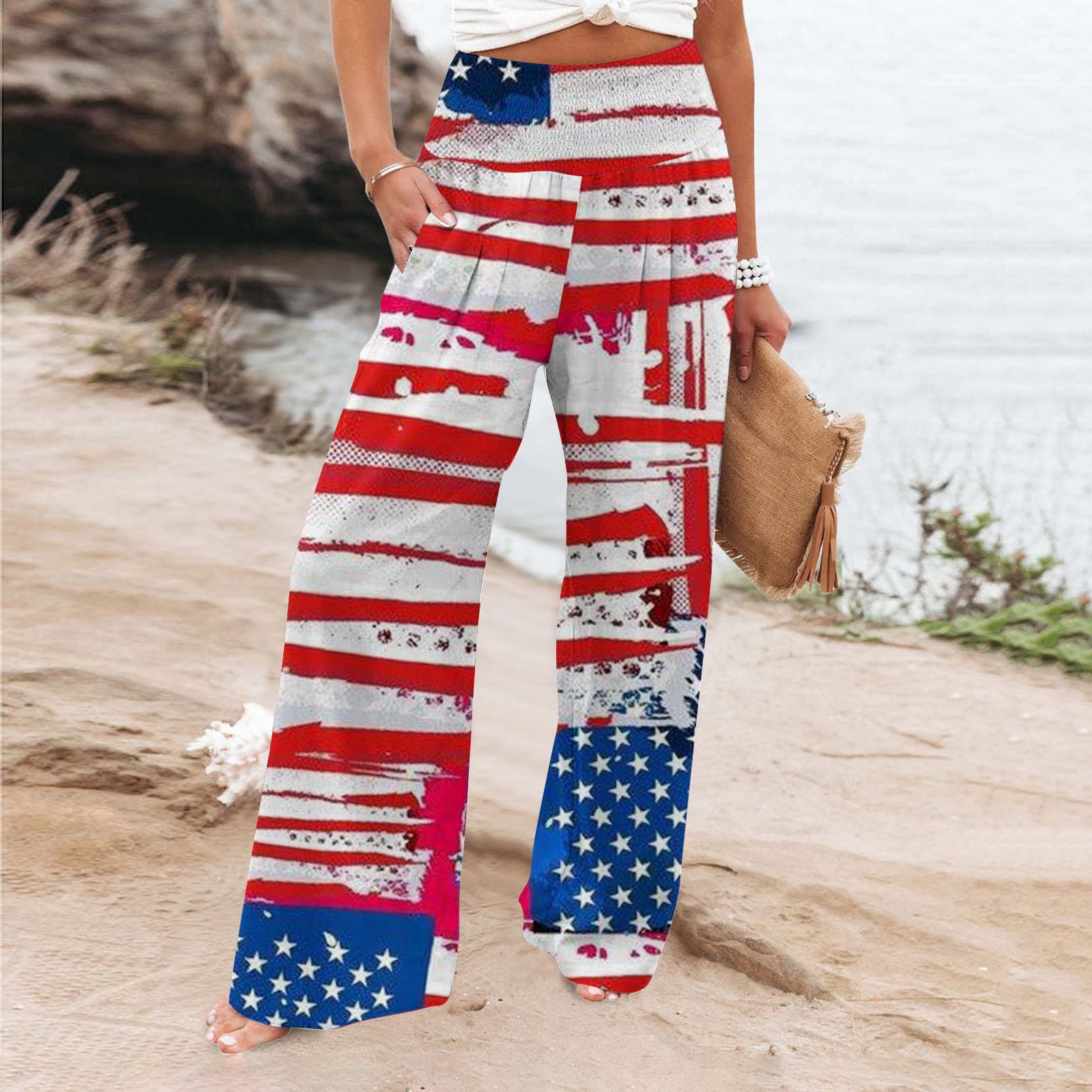 Brnmxoke Women Summer High Waisted Cotton Linen Palazzo Pants Patriotic ...