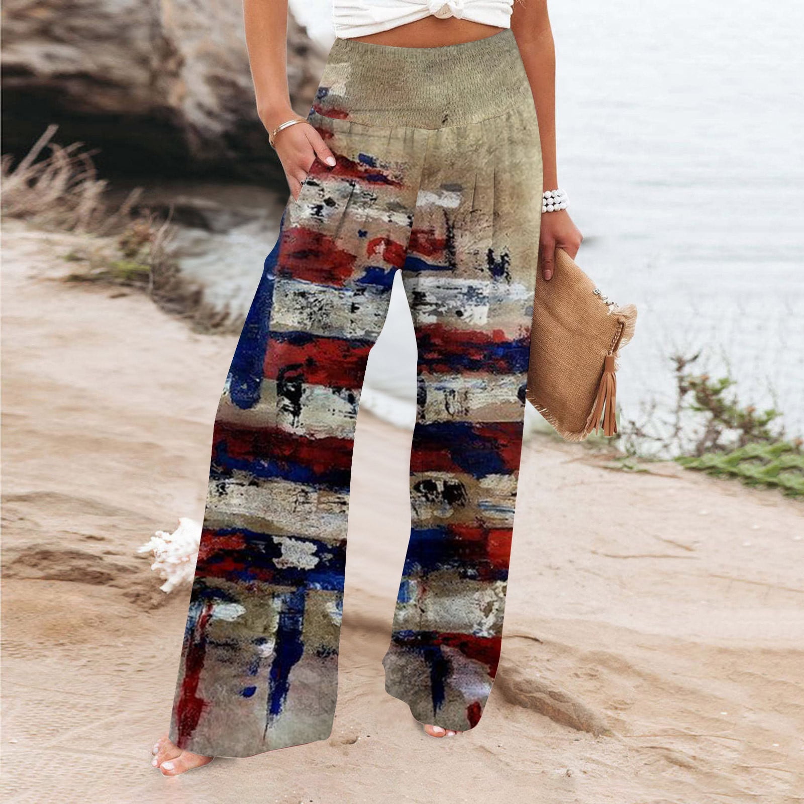 Brnmxoke Women Summer High Waisted Cotton Linen Palazzo Pants Patriotic ...