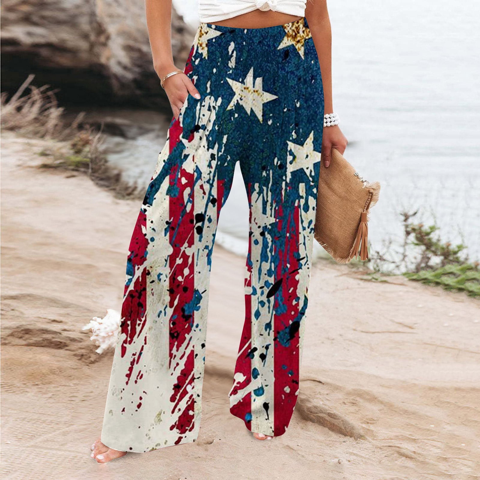 Brnmxoke Women Summer High Waisted Cotton Linen Palazzo Pants Patriotic ...