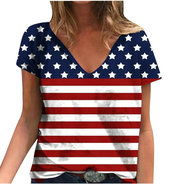 Brnmxoke Women Usa Star Stripes T Shirt Patriotic Shirts For Women Red