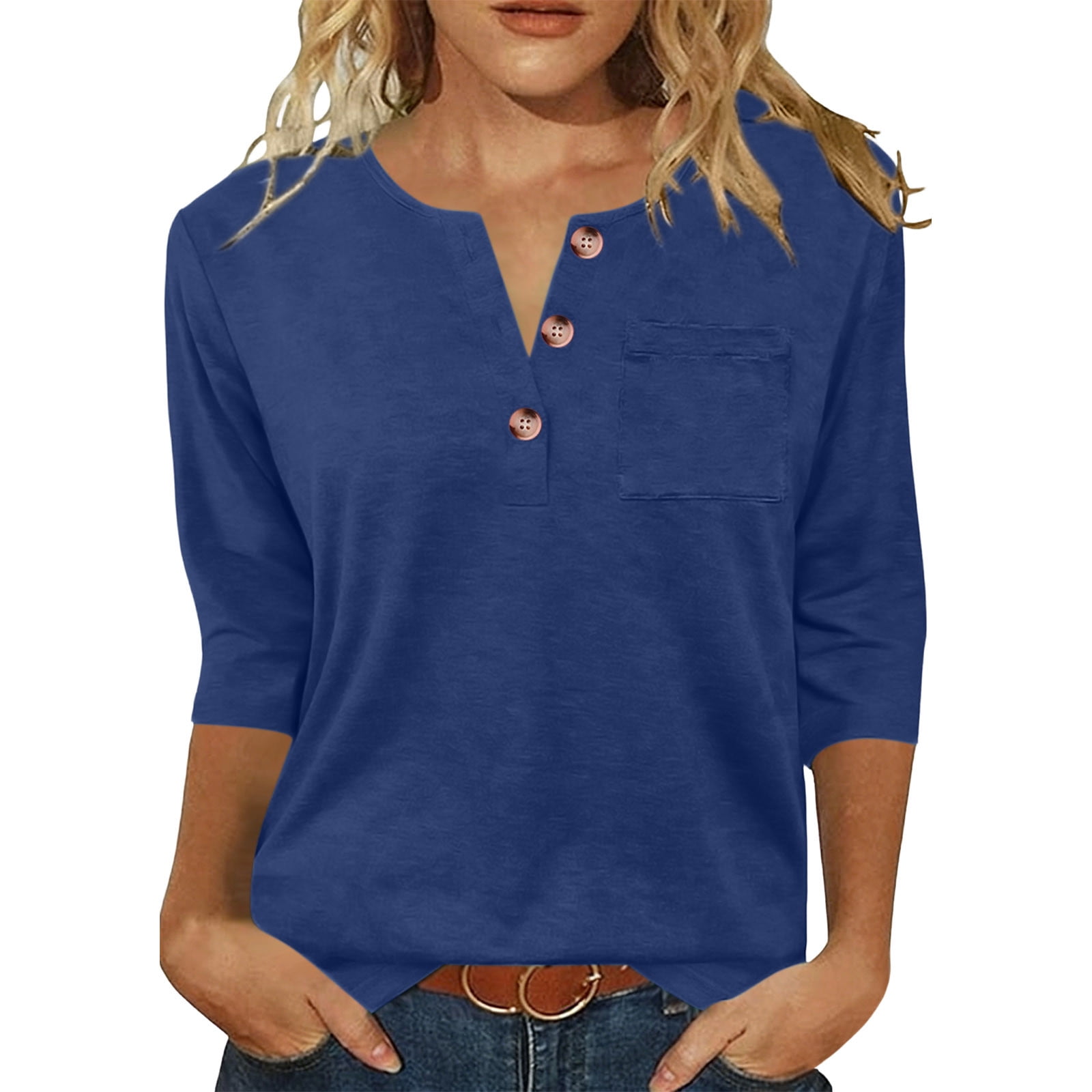 Brnmxoke Women Vneck Tops Summer Casual Button Up 3/4 Sleeve Shirt ...