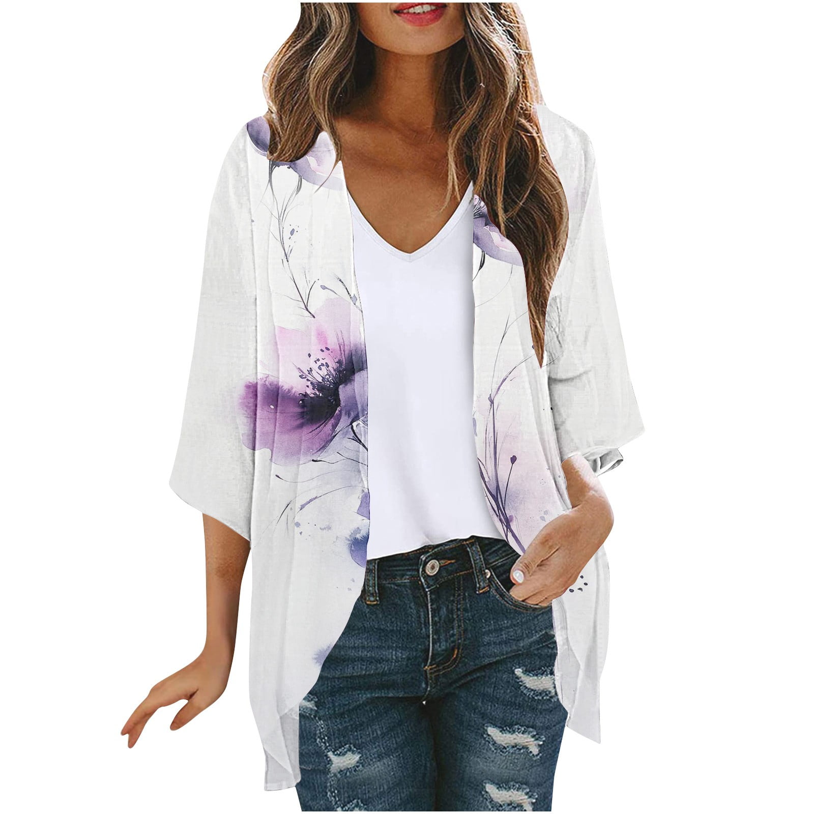 Brnmxoke Women's 2025 Summer Kimono Cardigan 3/4 Sleeve Open Front ...