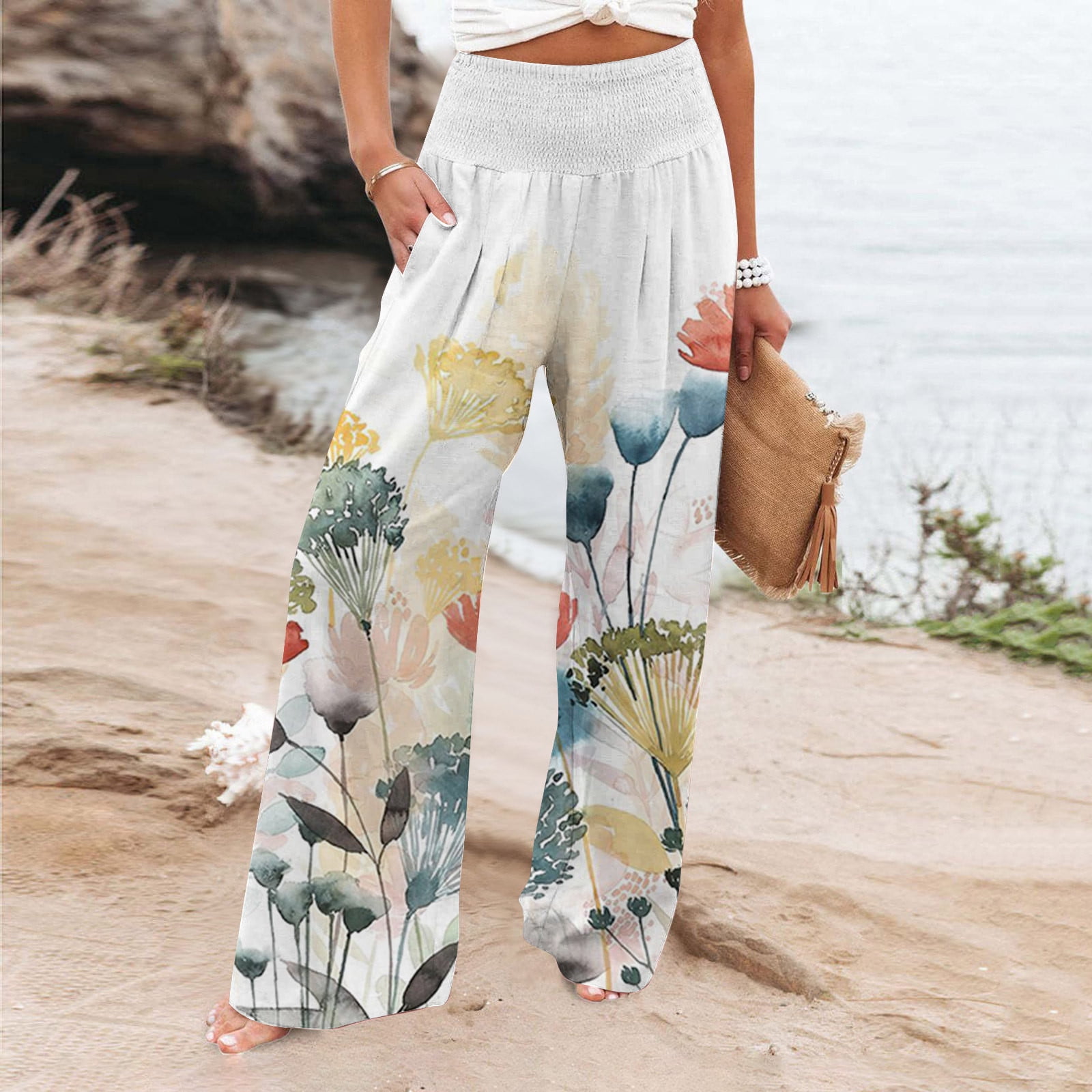 Brnmxoke Women's Cotton Linen Pants Summer Boho Wide Leg Casual Loose ...