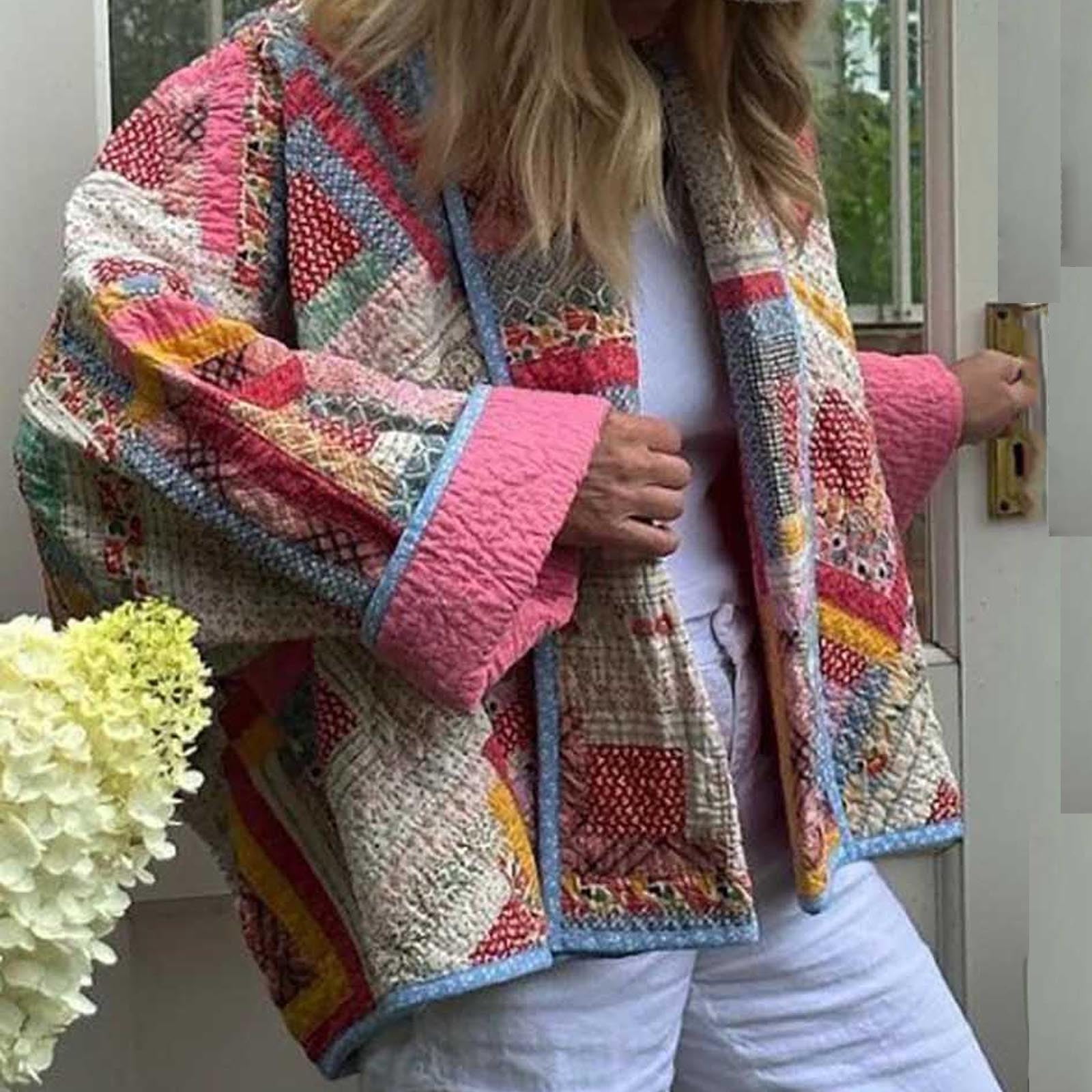 Brnmxoke Women's Cropped Floral Jacket Cardigan Quilted Floral Printed ...