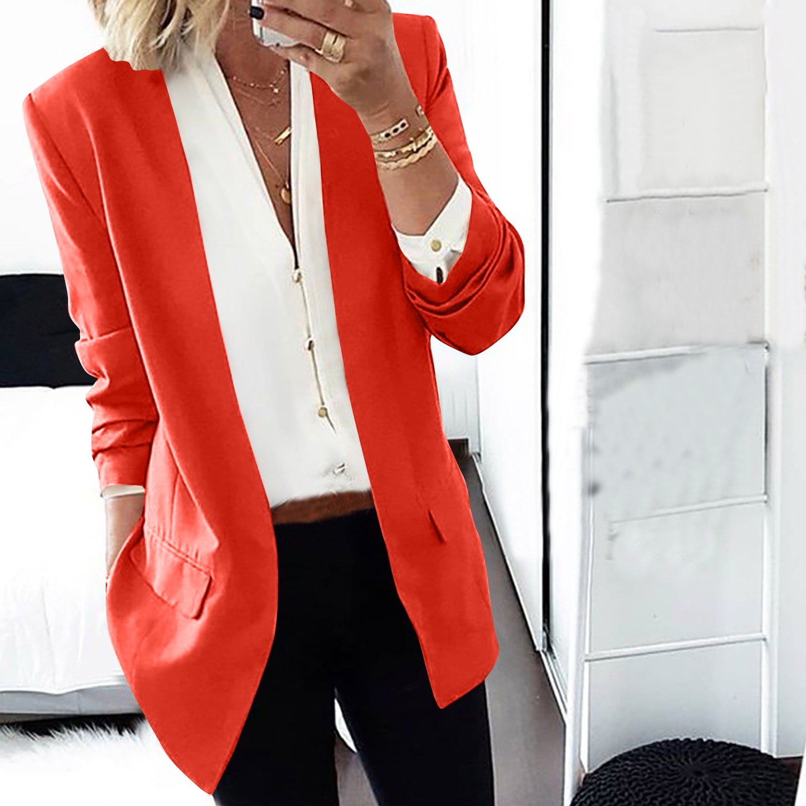 Brnmxoke Women's Long Sleeve Casual Blazers Label Button Open Front ...