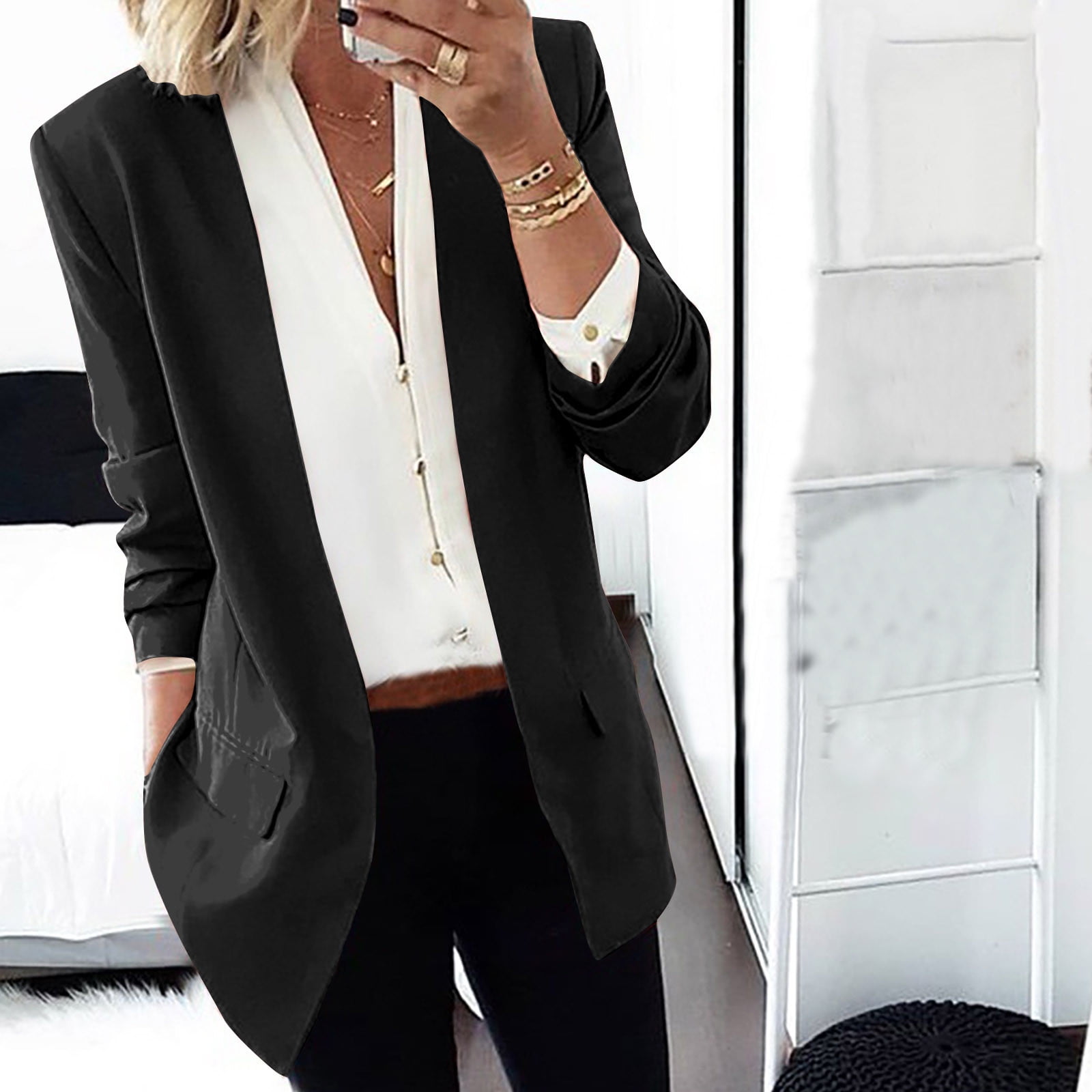 Brnmxoke Women's Long Sleeve Casual Blazers Label Button Open Front ...
