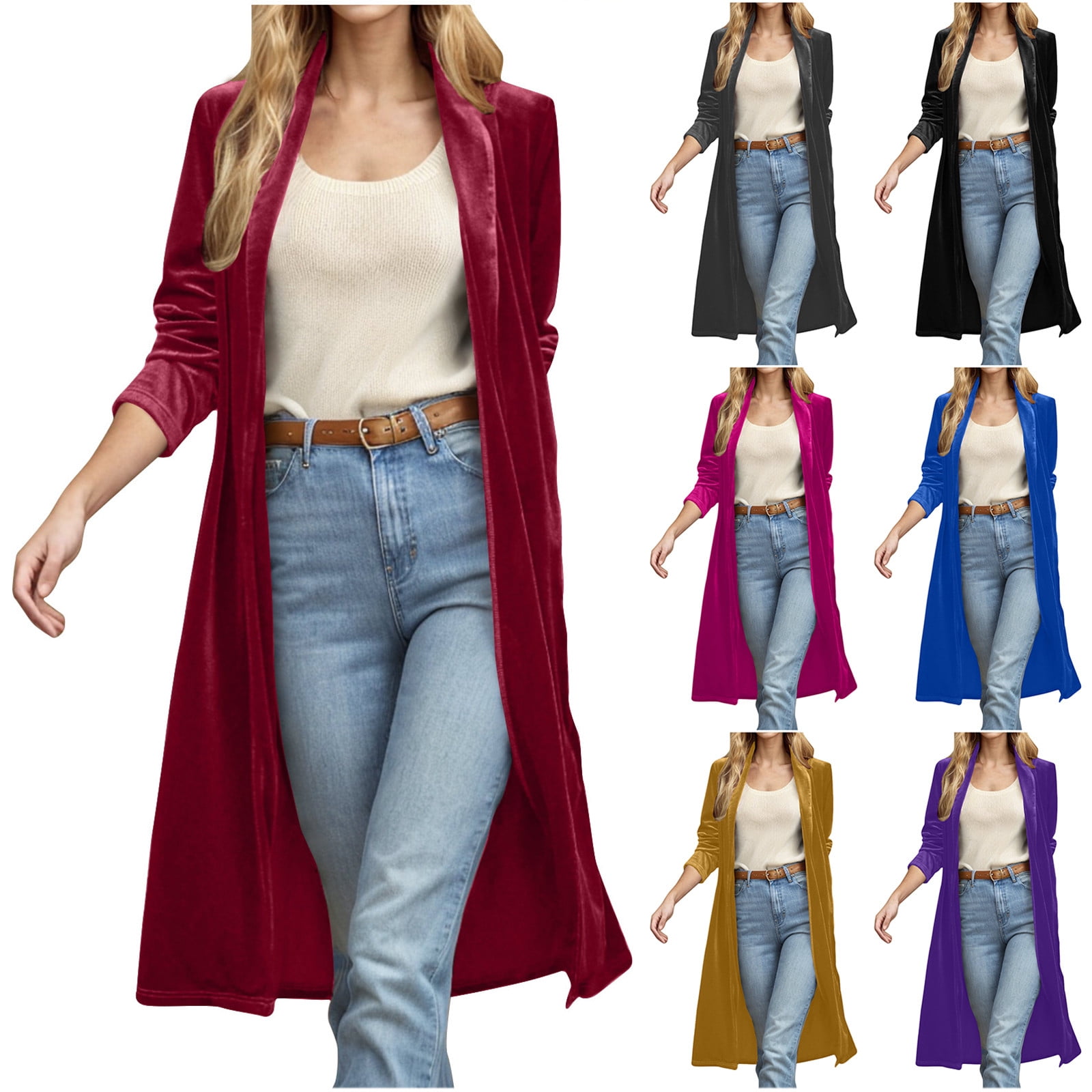 Brnmxoke Women's Long Velvet Cardigan Jacket Casual Open Front Long ...