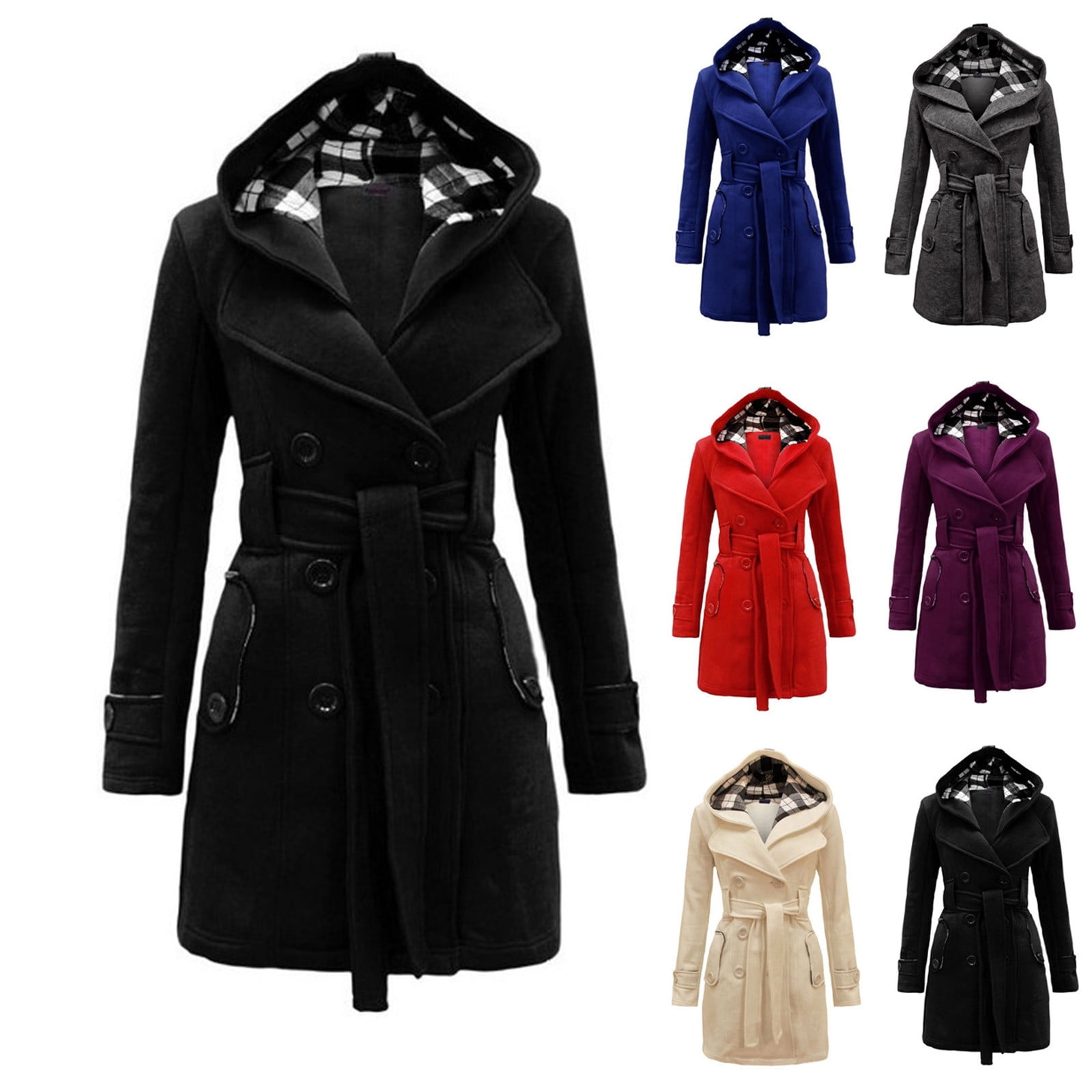 Brnmxoke Women's Notch Lapel Double Breasted Pea Coat with Belt Long ...
