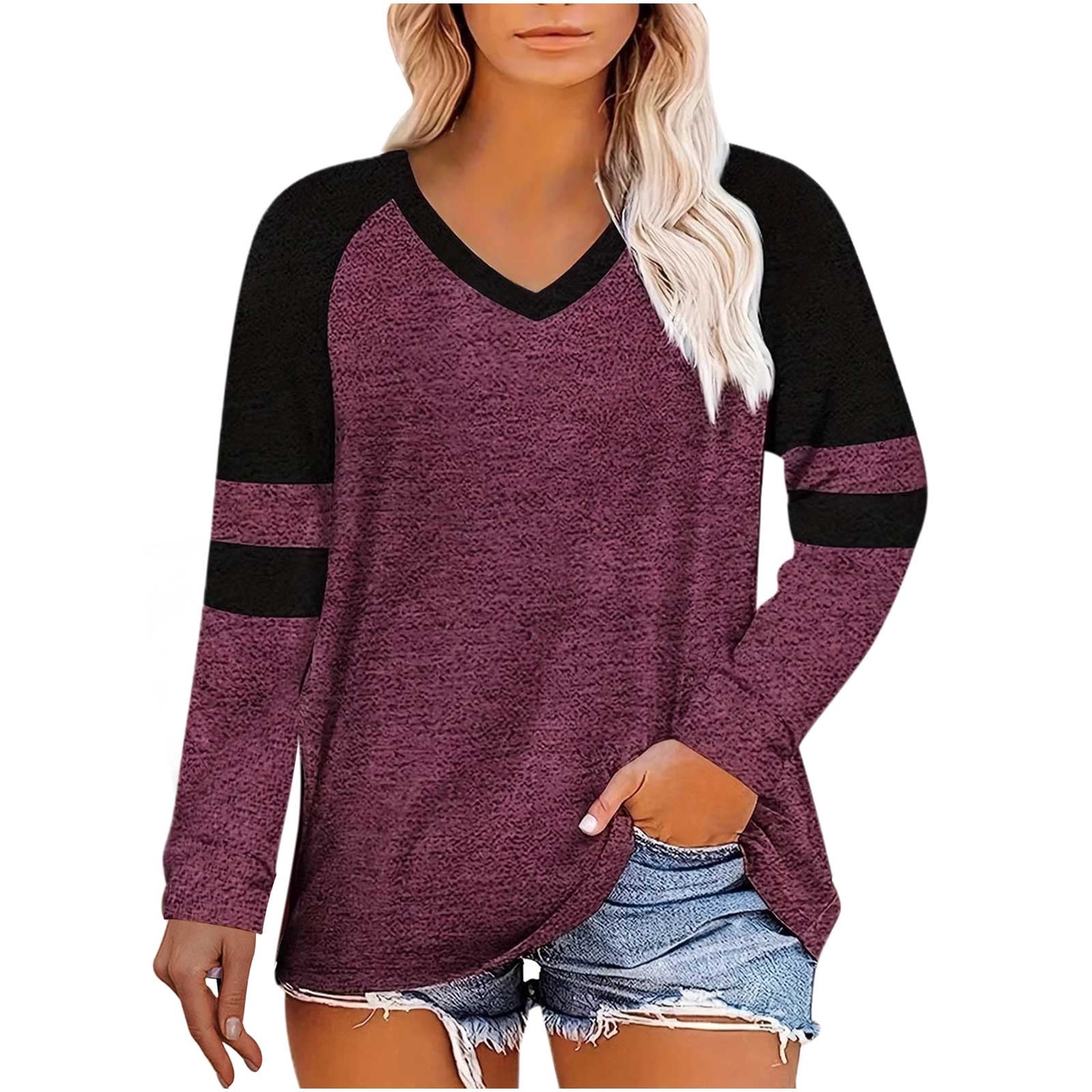 Brnmxoke Women's Plus Size Fall Tops Striped Long Sleeve V Neck T ...